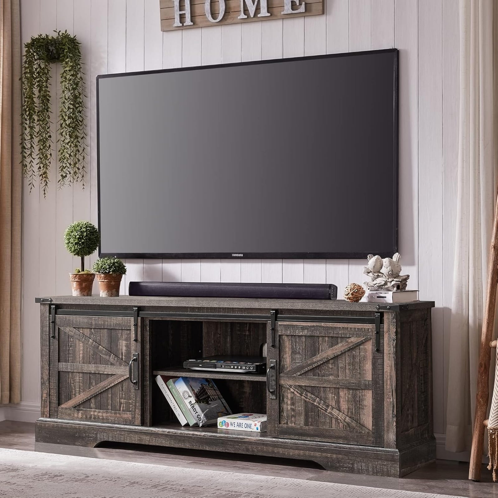 OKD Farmhouse TV Stand for 75 Inch TV with Sliding Barn Door, Rustic Wood Entertainment Center ...