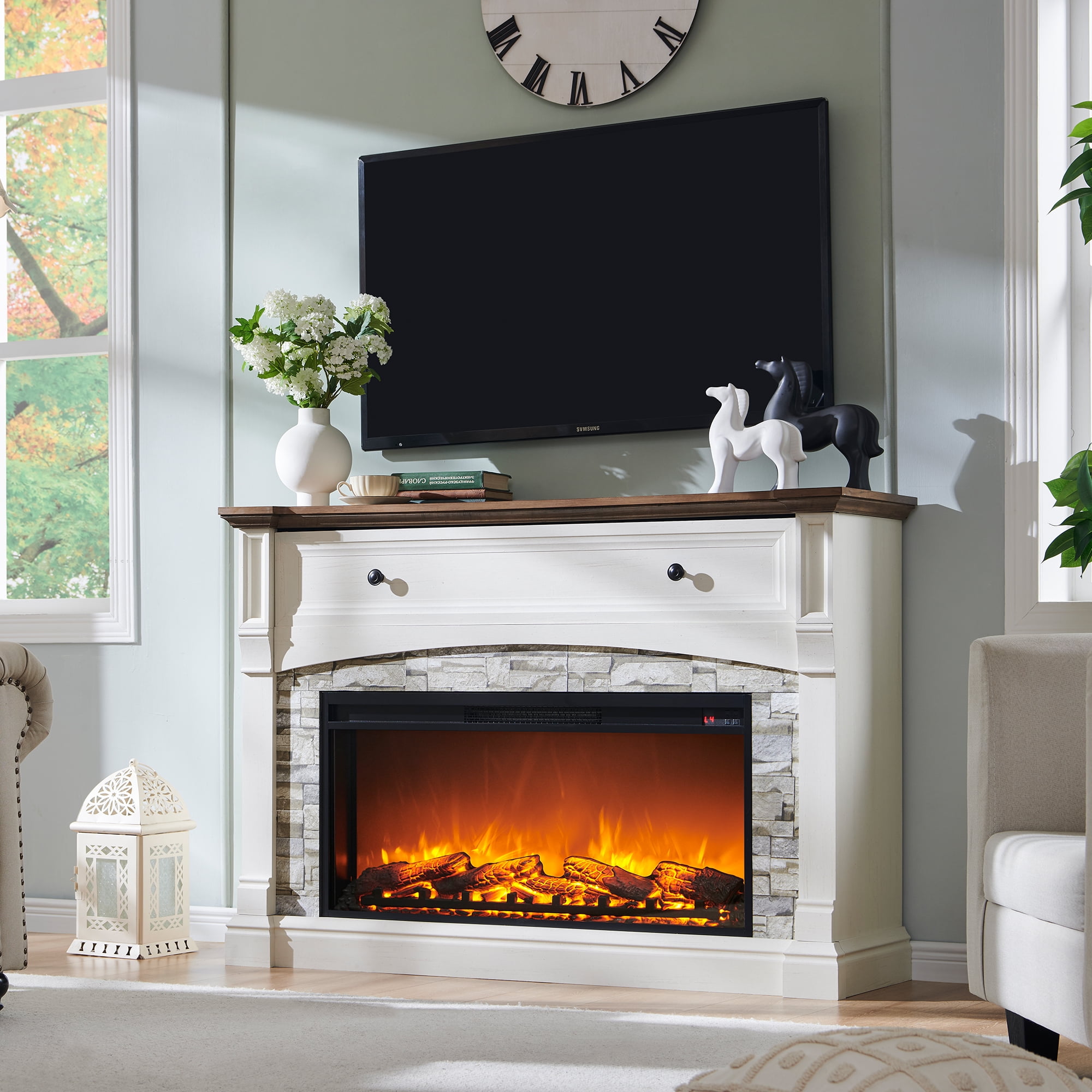 OKD Farmhouse TV Stand Electric Fireplace with Mantel, 52 inch ...