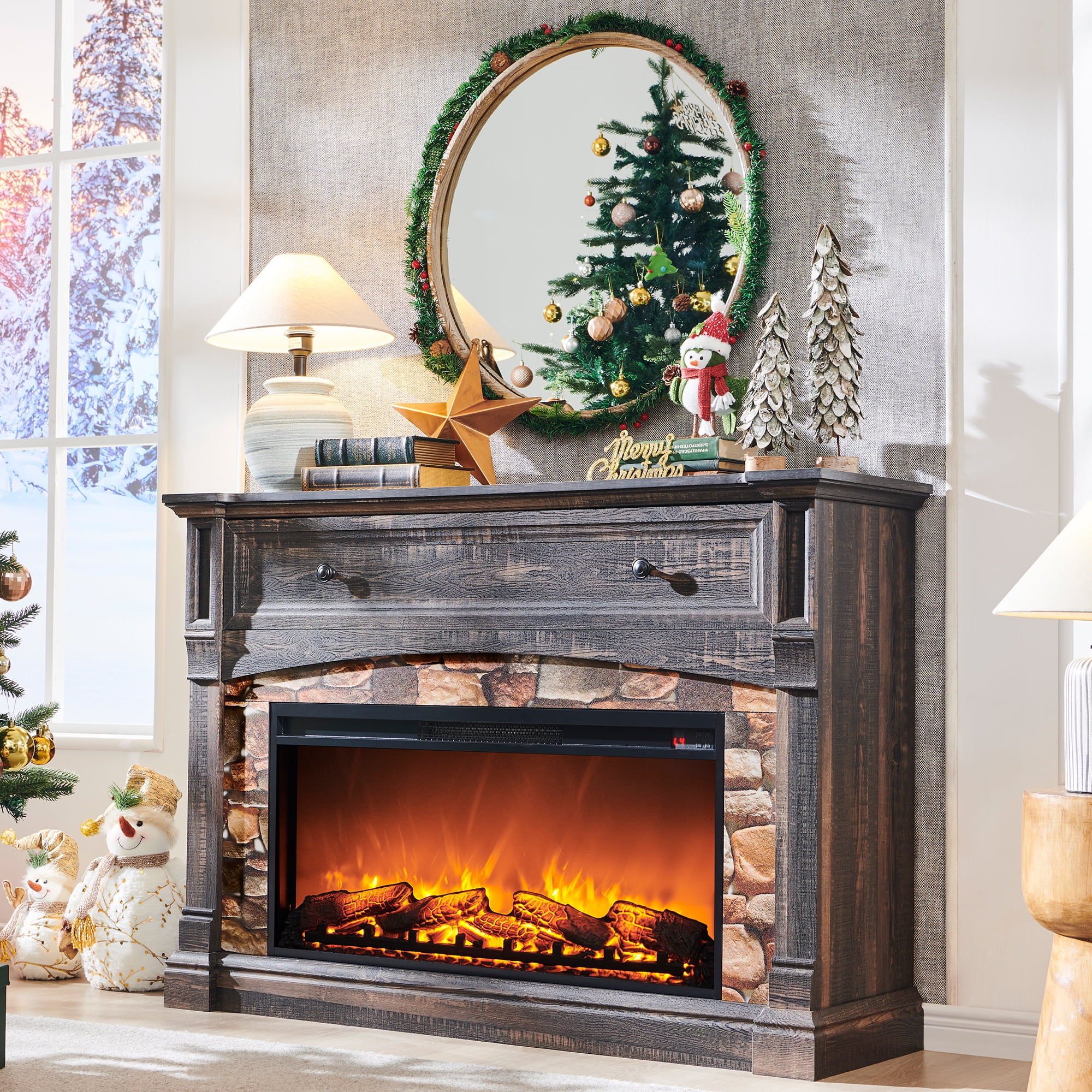 OKD Farmhouse TV Stand Electric Fireplace with Mantel, 52 inch ...