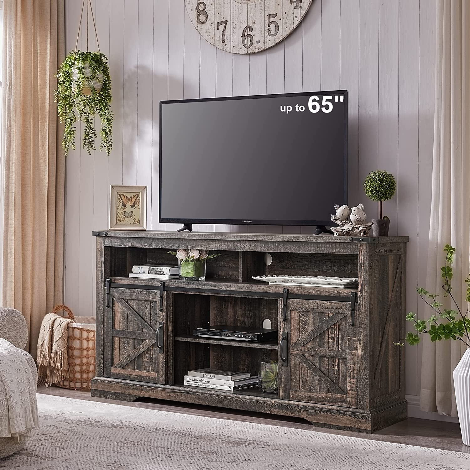 "OKD Farmhouse Wood Entertainment Center, 60"" Wide TV Console Stand ...