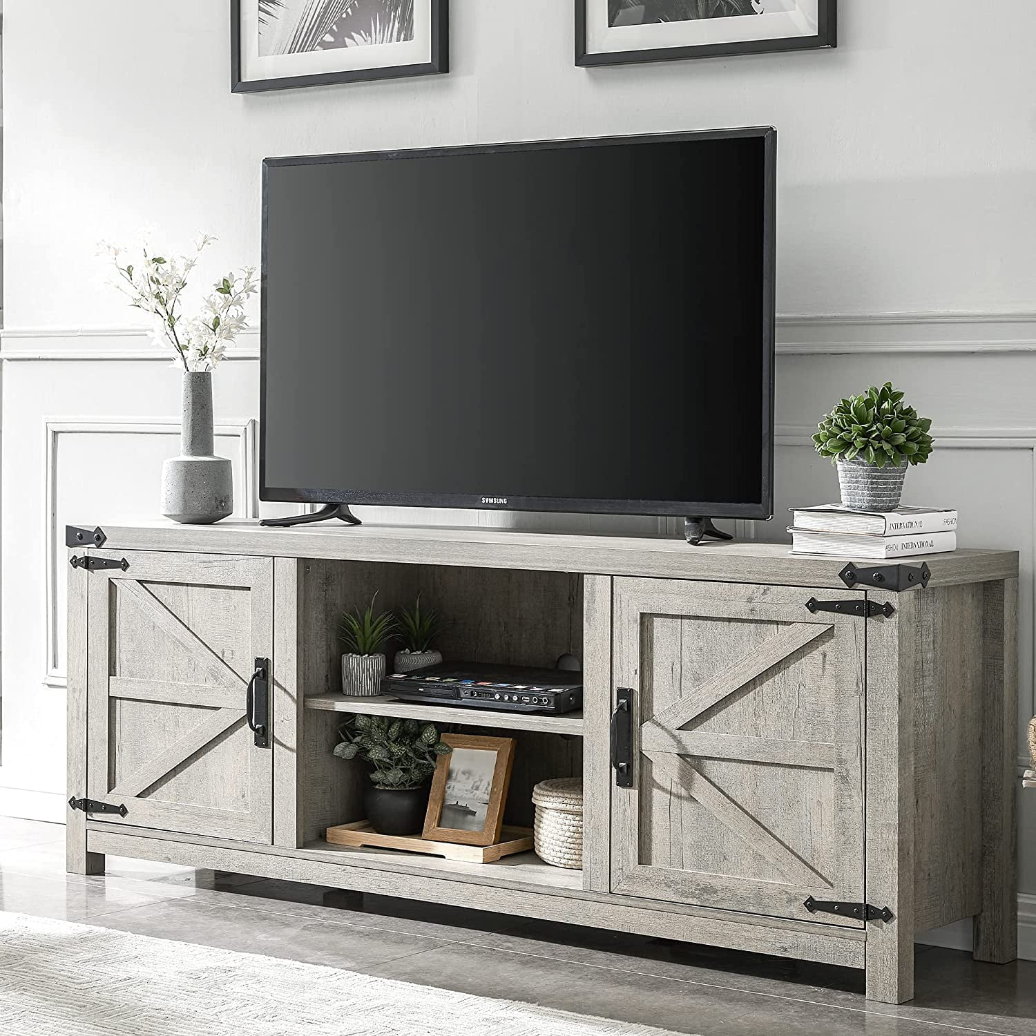 OKD Farmhouse TV Stand Wood for TVs up to 75", Light Rustic Oak Finish ...