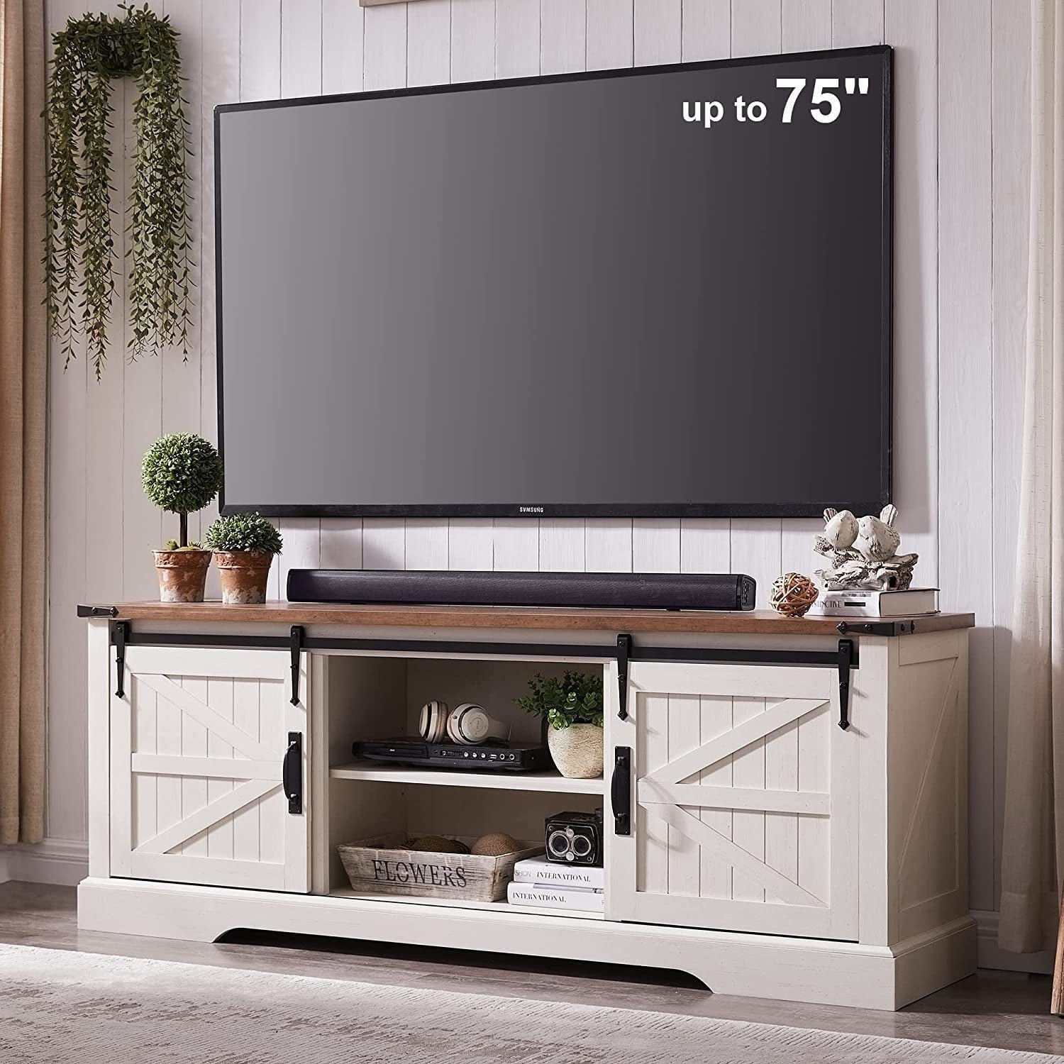 OKD Farmhouse TV Stand for TVs up to 75", Wood Entertainment Center with Adjustable Shelves ...