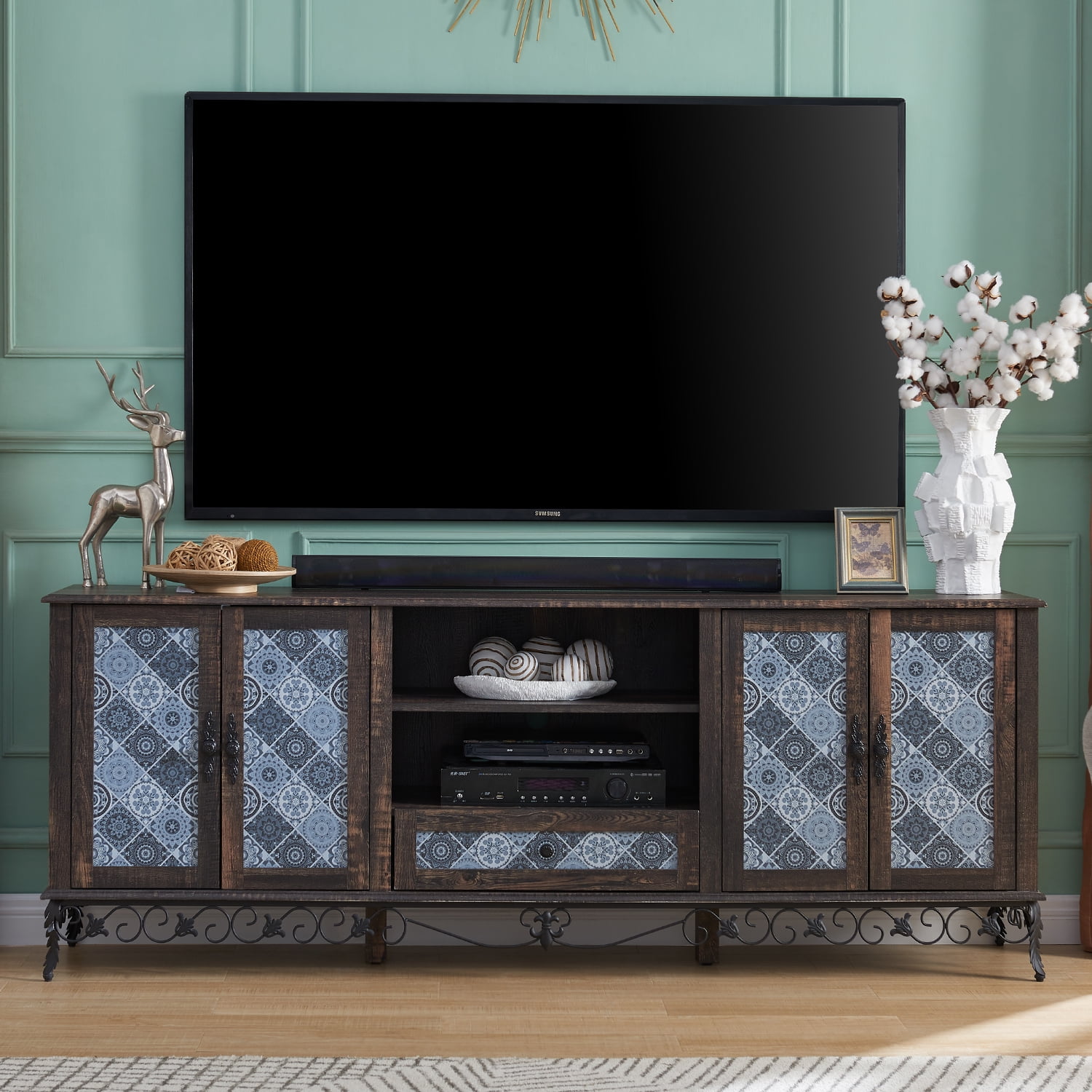 OKD Farmhouse TV Stand for TVs up to 85"，Wood Desktop Retro TV Console ...