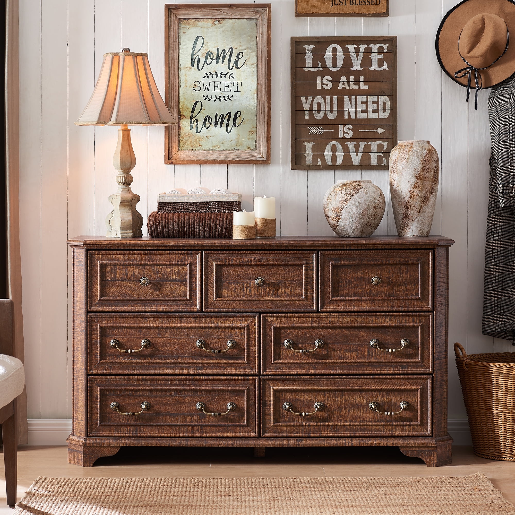 OKD Farmhouse Vintage 7-Drawer Dresser with Thick Plank, Wood Large ...