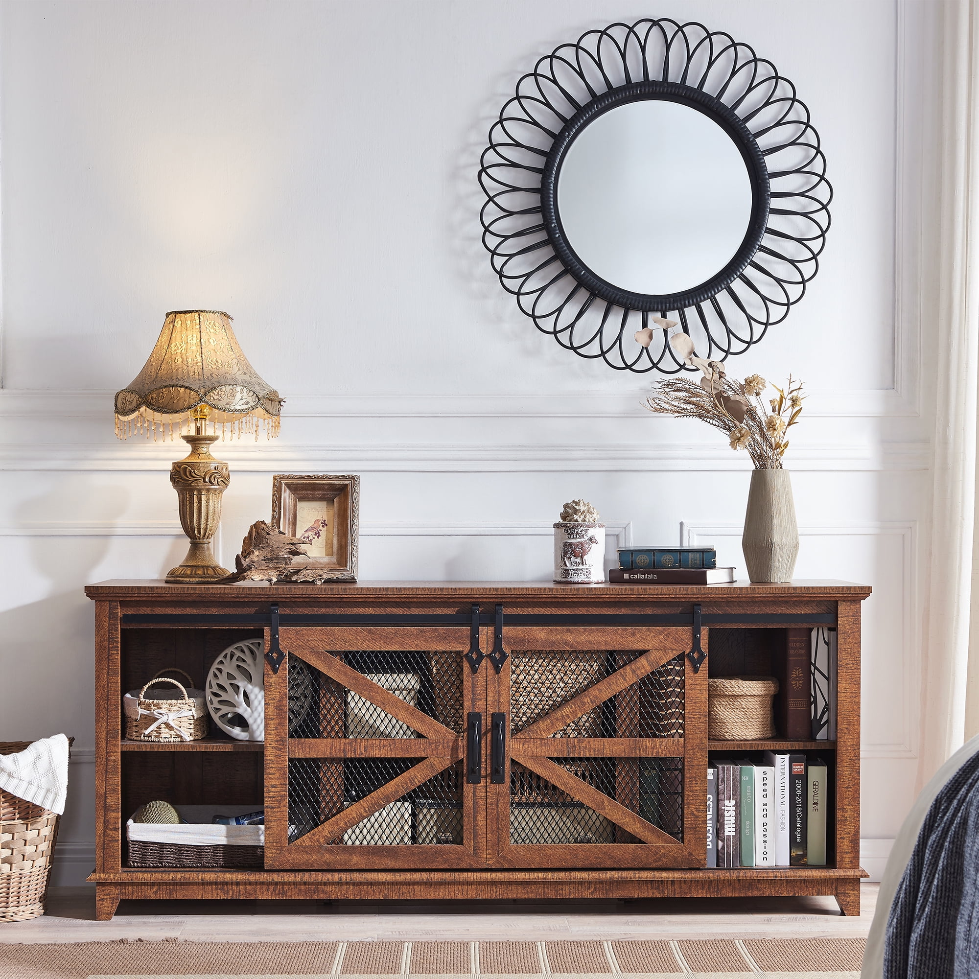 "OKD Farmhouse Wood TV Stand, Adjustable Shelves, Sliding Barn Doors ...