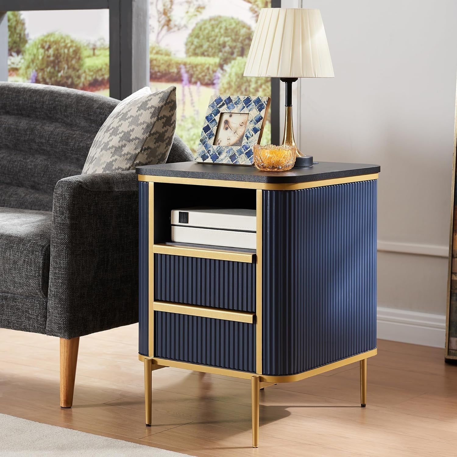 OKD Faux Marble Tabletop Nightstand with Charging Station, Modern ...