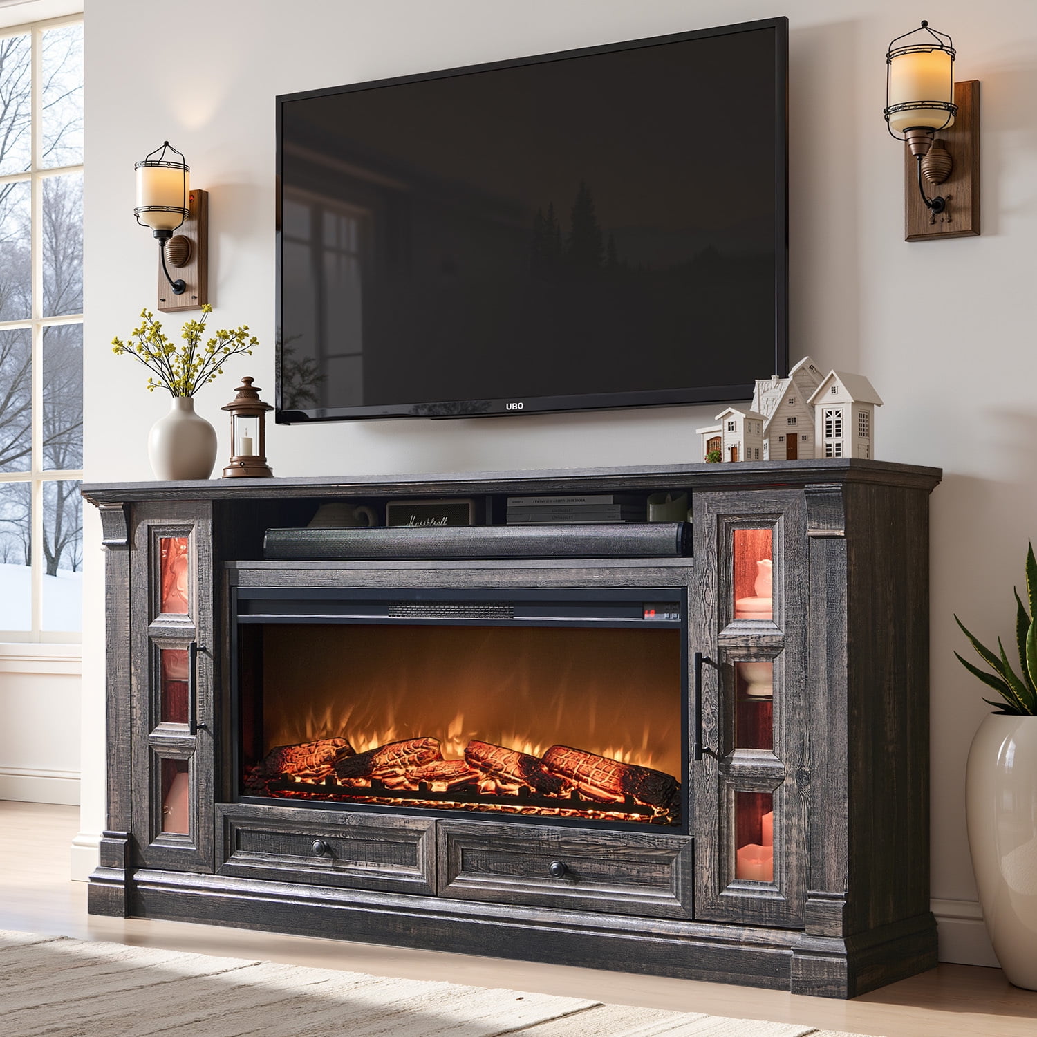 OKD Fireplace TV Stand for up to 80" TVs, 36"H Farmhouse Entertainment ...