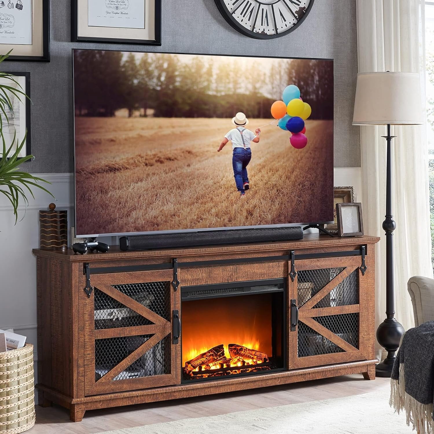 "OKD Rustic Fireplace TV Stand for 75"" TV, LED Lights, Electric ...