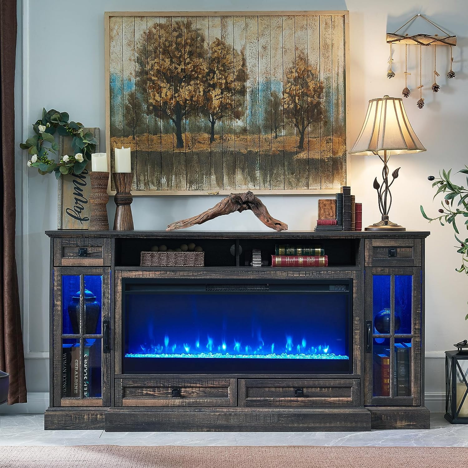 OKD Rustic Oak Fireplace TV Stand, LED Lights, Adjustable Shelves, For ...