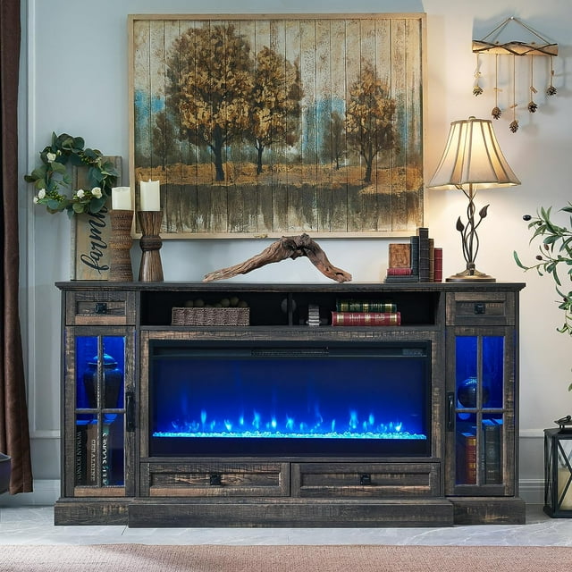 OKD Rustic Oak Fireplace TV Stand, LED Lights, Adjustable Shelves, For ...