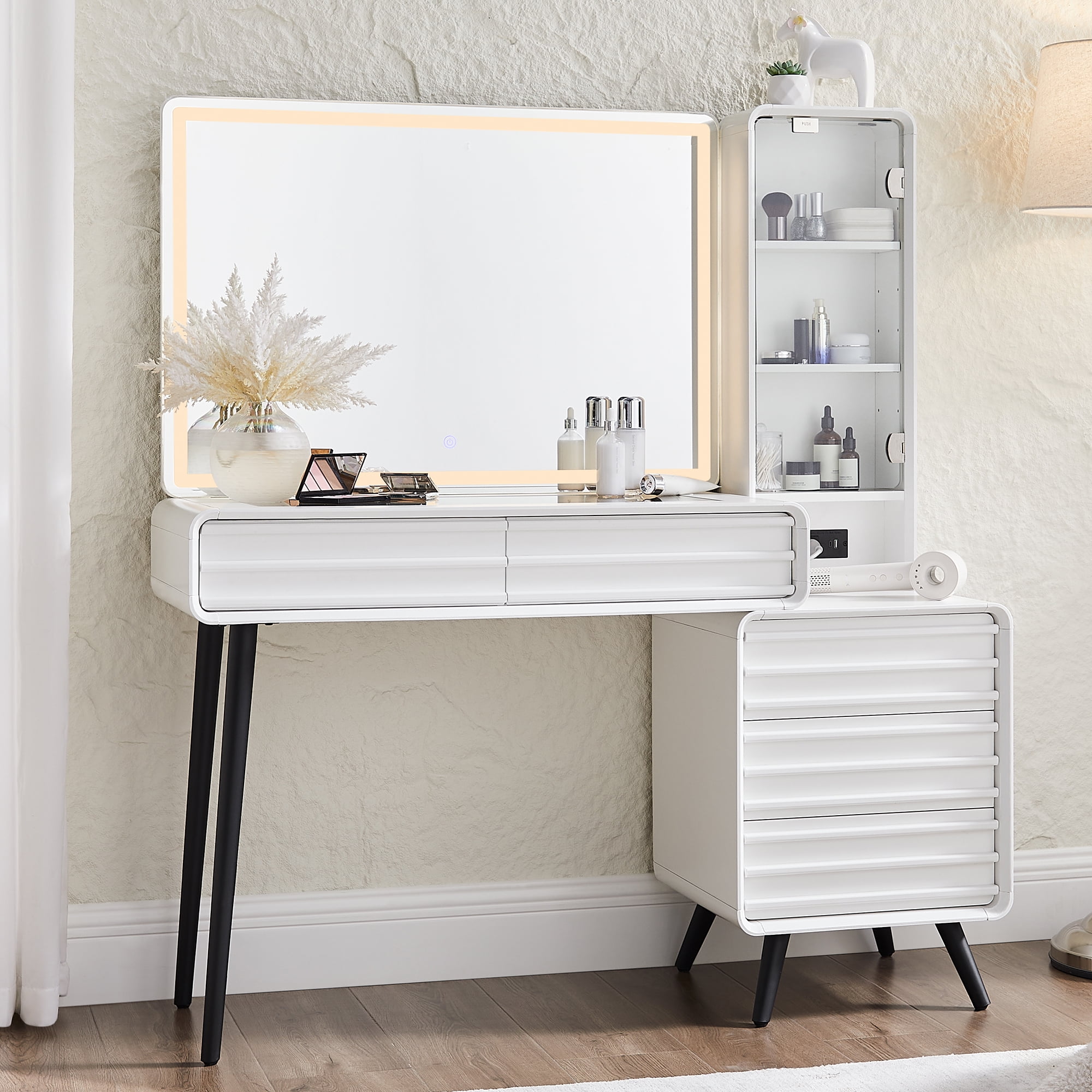 OKD Fluted Makeup Vanity Desk with 35" Large Mirror and Lights, 48" Mid ...