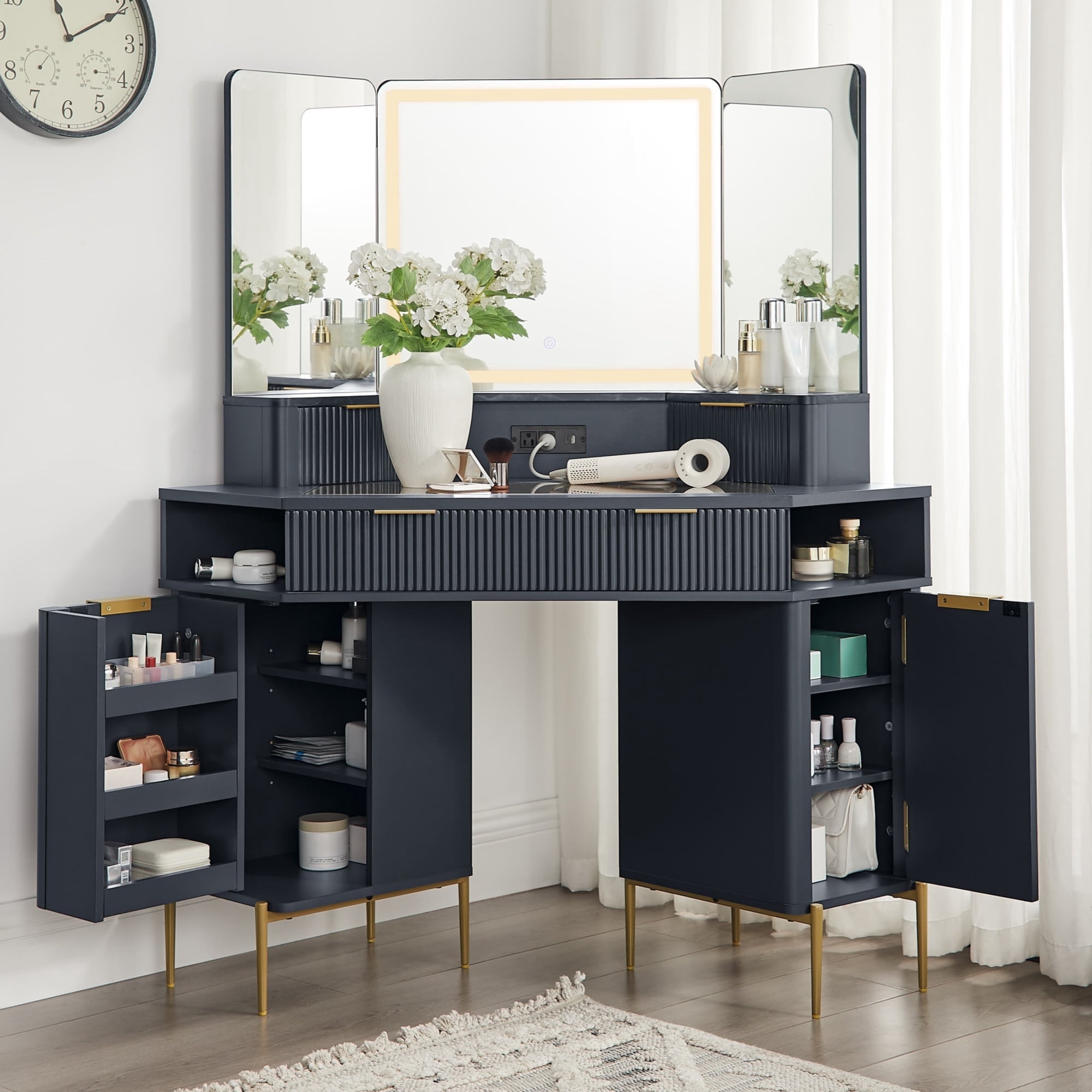 OKD 48" Fluted Makeup Vanity Desk with HD Triple Mirror and Lights ...