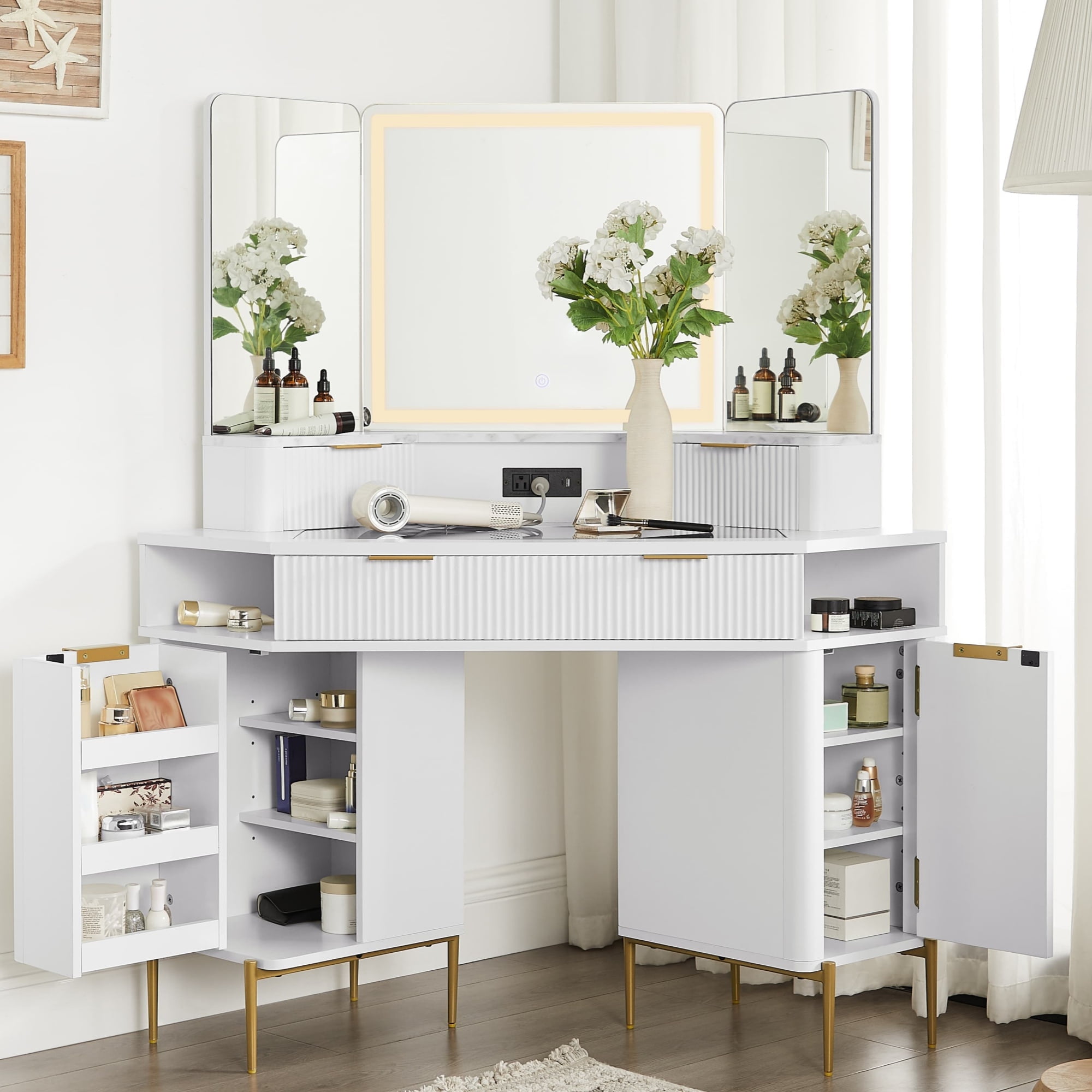 OKD Fluted Makeup Vanity Desk with Lighted Mirror and Drawers, Modern ...