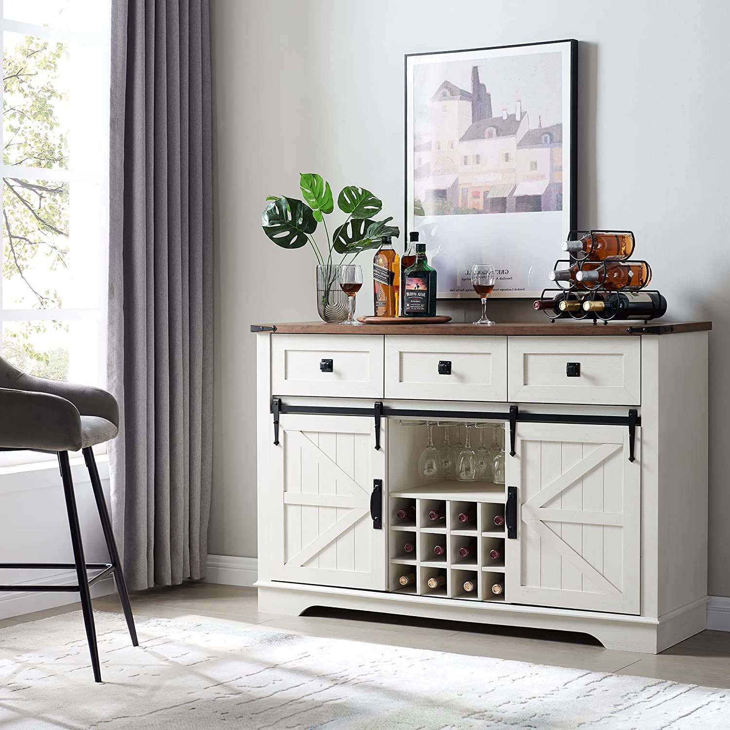 OKD Home Wine Bar Cabinet w/Sliding Barn Door, Wine and Glass Rack ...