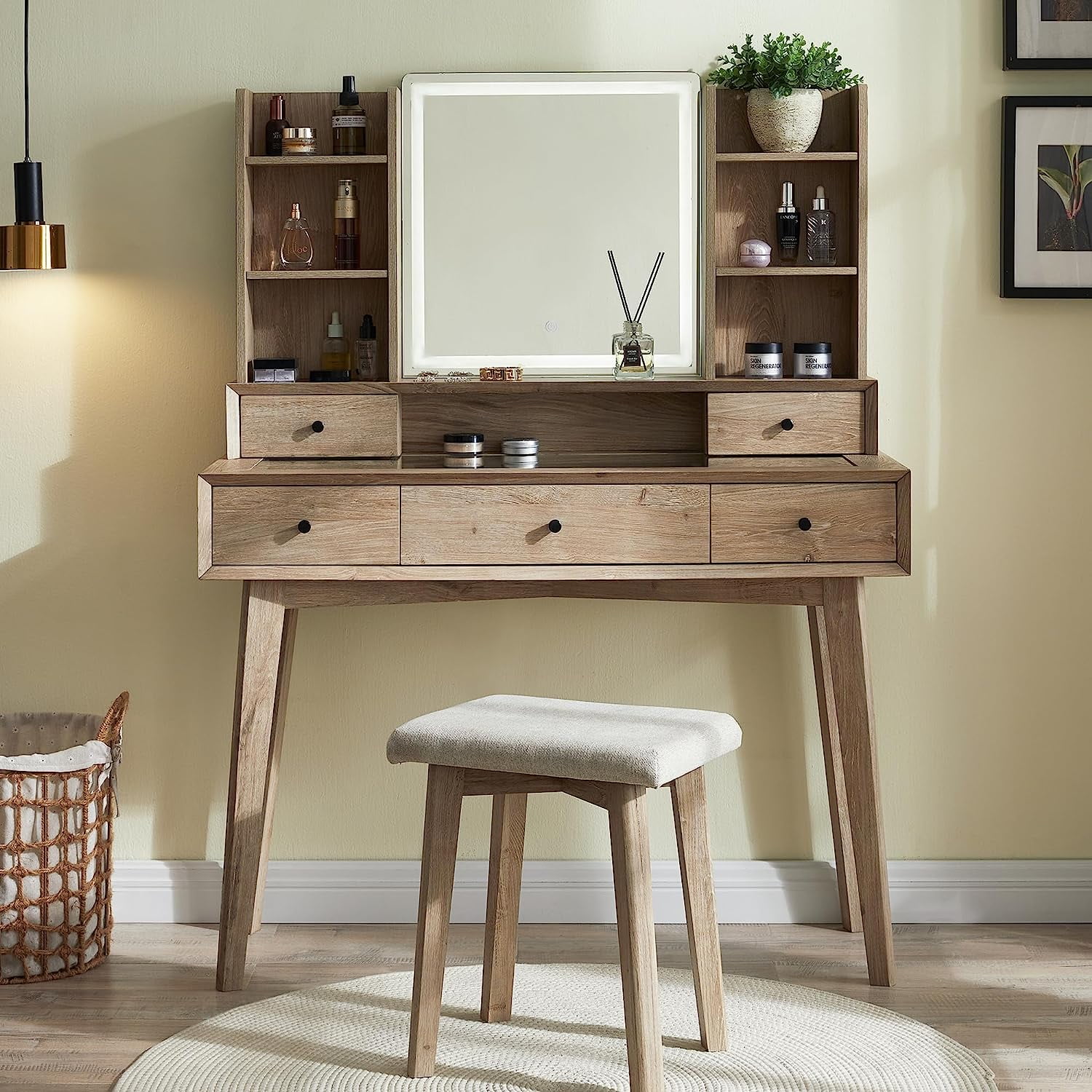 OKD Makeup Vanity Table Set with Stool, Lighted Mirror & 5 Drawers for ...