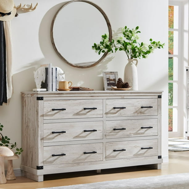OKD 54 W Farmhouse Dresser 6 Drawers Rustic Wood Chest of Drawers Closet Storage Organizers for Bedroom Living Room Hallway Antique Brush White