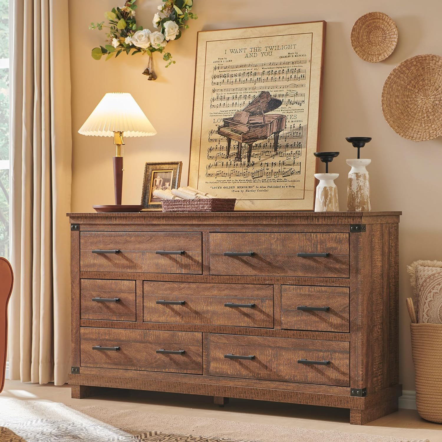 OKD 54''W Farmhouse Dresser 7 Drawers Modern Rustic Wood Chest of ...