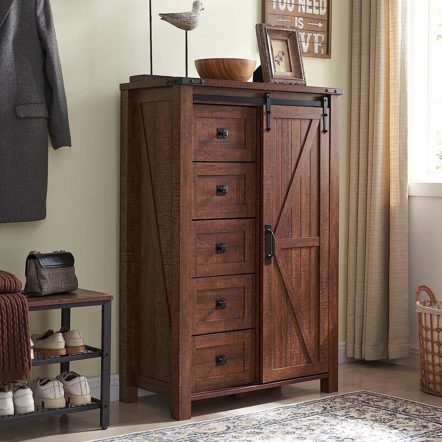 OKD Modern Farmhouse 5-Drawer Dresser with Barn Door, Adjustable ...