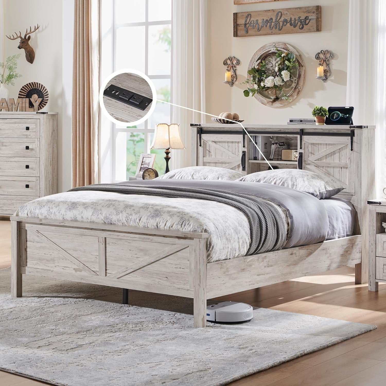 OKD Modern Farmhouse Full Platform Bed with Bookcase Headboard Storage ...