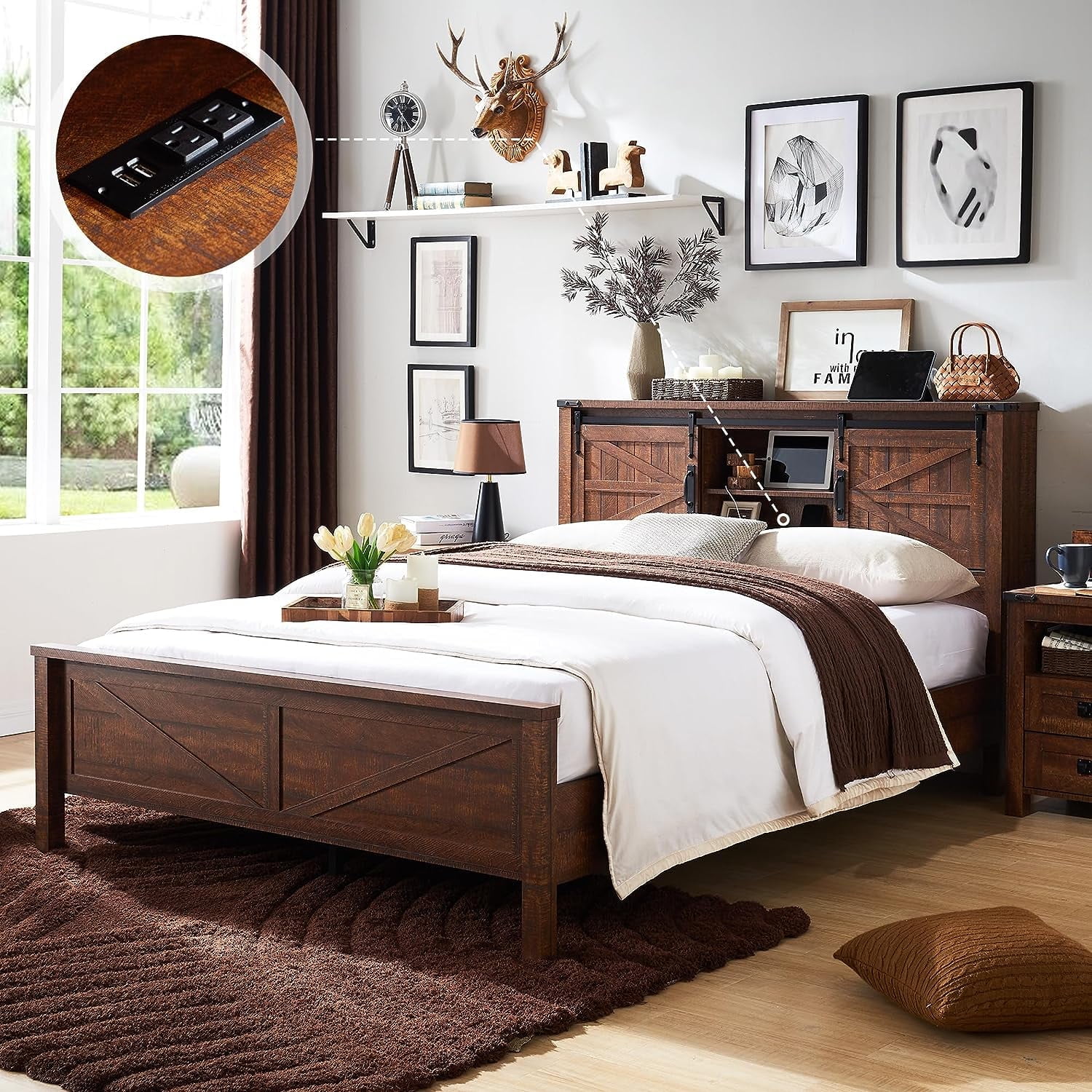OKD Rustic Full Platform Bed with Bookshelf Headboard, Storage ...