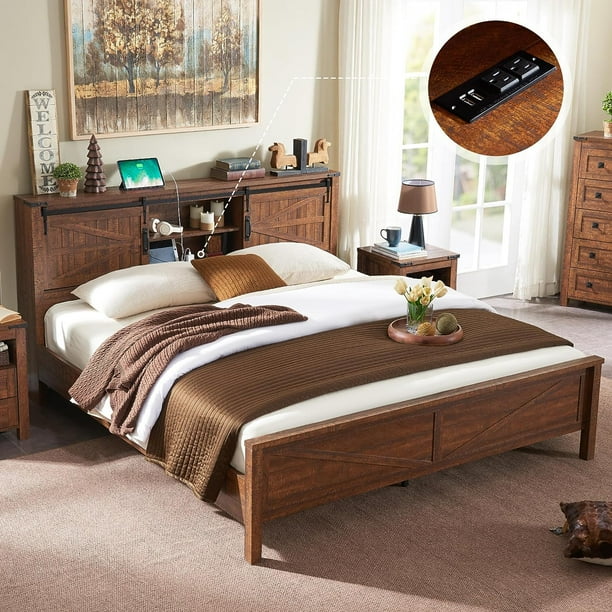 OKD Modern Farmhouse King Platform Bed with Bookcase Headboard Storage and Charging Station No Box Spring Needed Reclaimed Barnwood