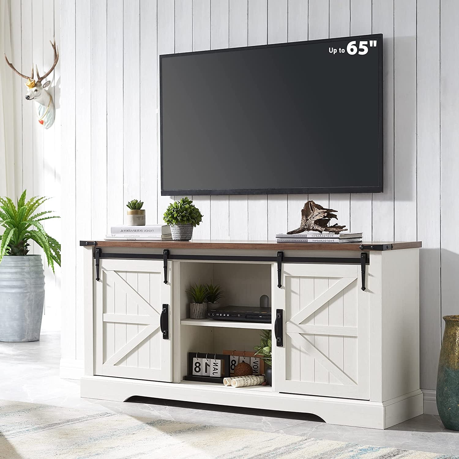 OKD Modern Farmhouse TV Stand for 65+ Inch with Shelves, Wood Tabletop ...