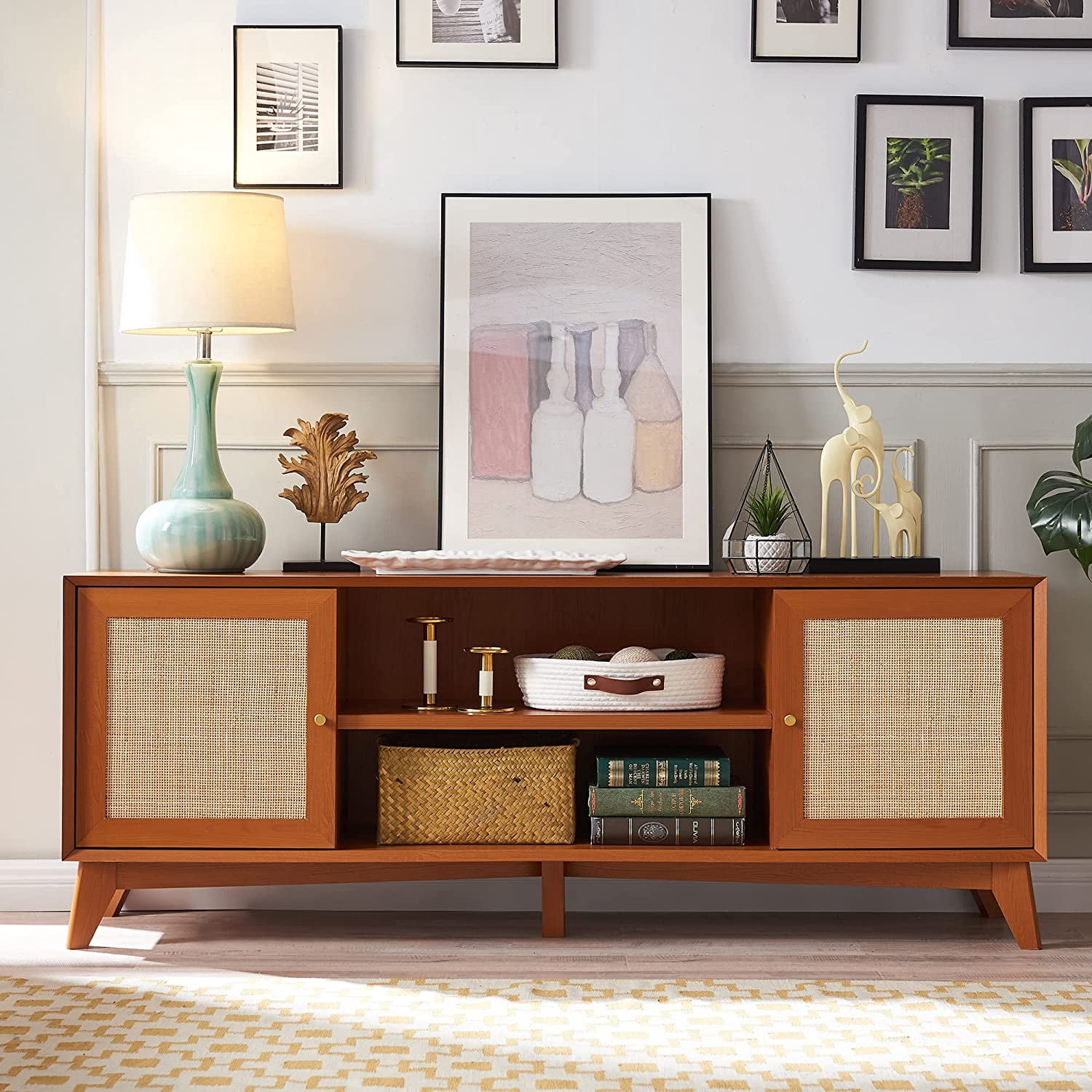 OKD Rattan TV Console Table for 75 Inch TV, Mid Century Modern Long ...