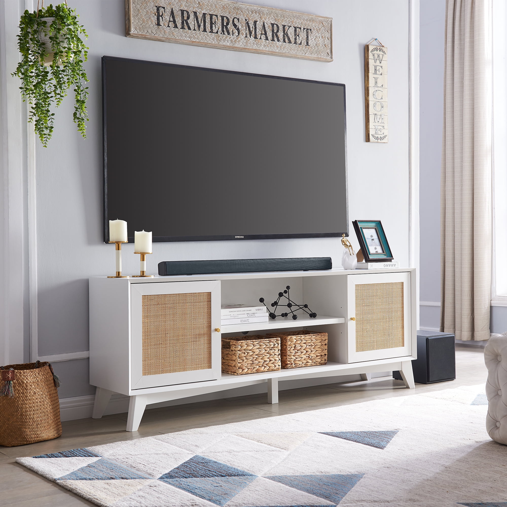 OKD Rattan TV Stand for a 75-inch TV，Wood TV Console Entertainment ...