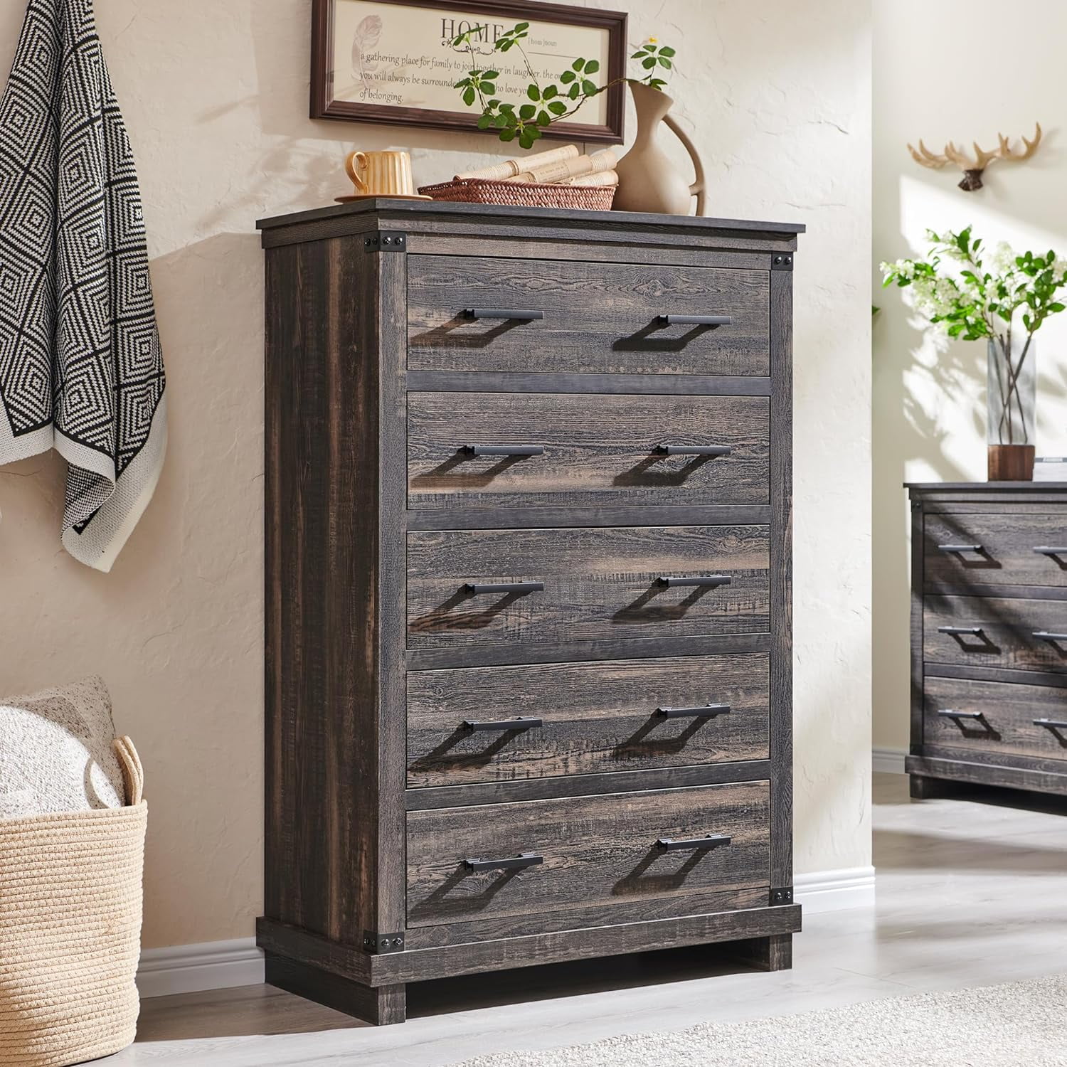 OKD 48''H Farmhouse Dresser 5 Drawers Rustic Wood Tall Chest of Drawers ...
