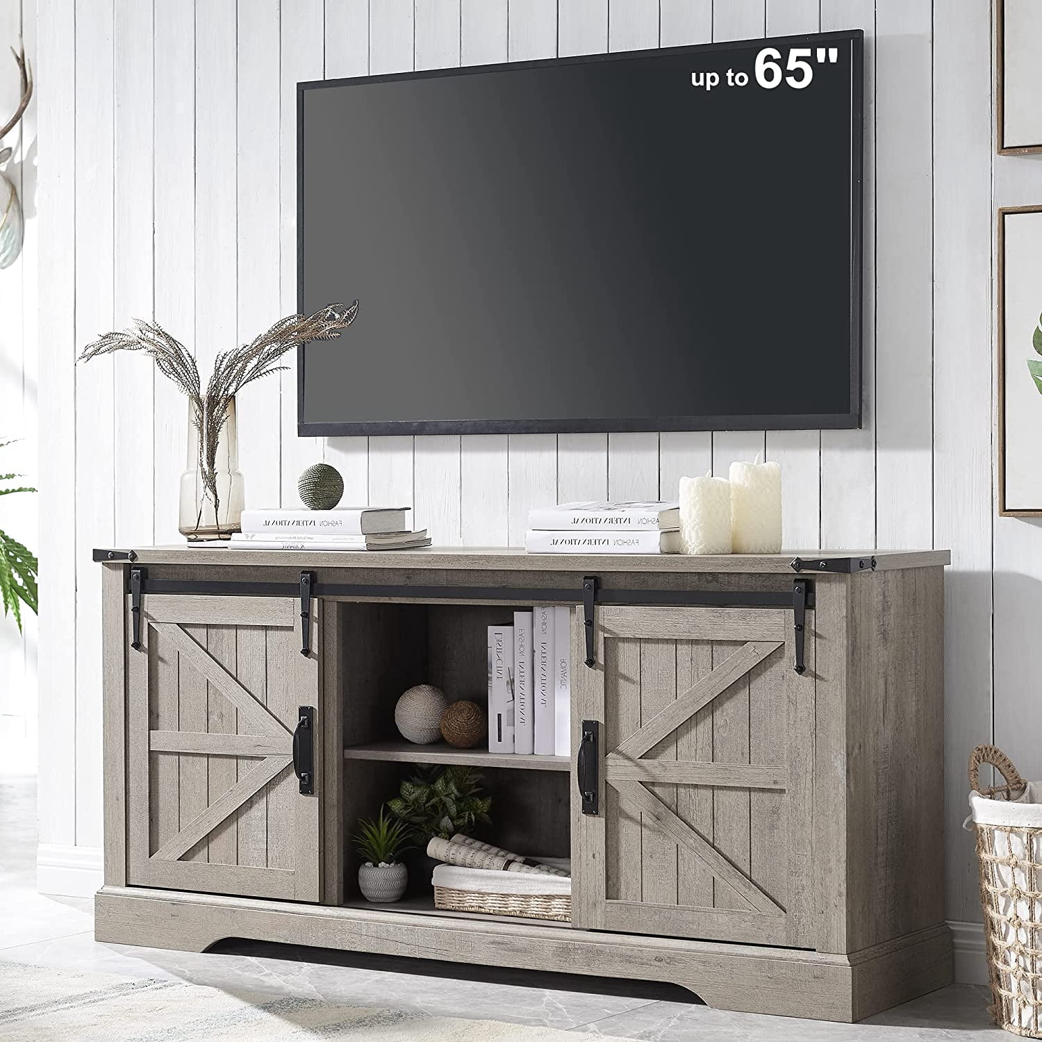 OKD Rustic Wood TV Stand for 65+ inch, Entertainment Center, Barn Door ...