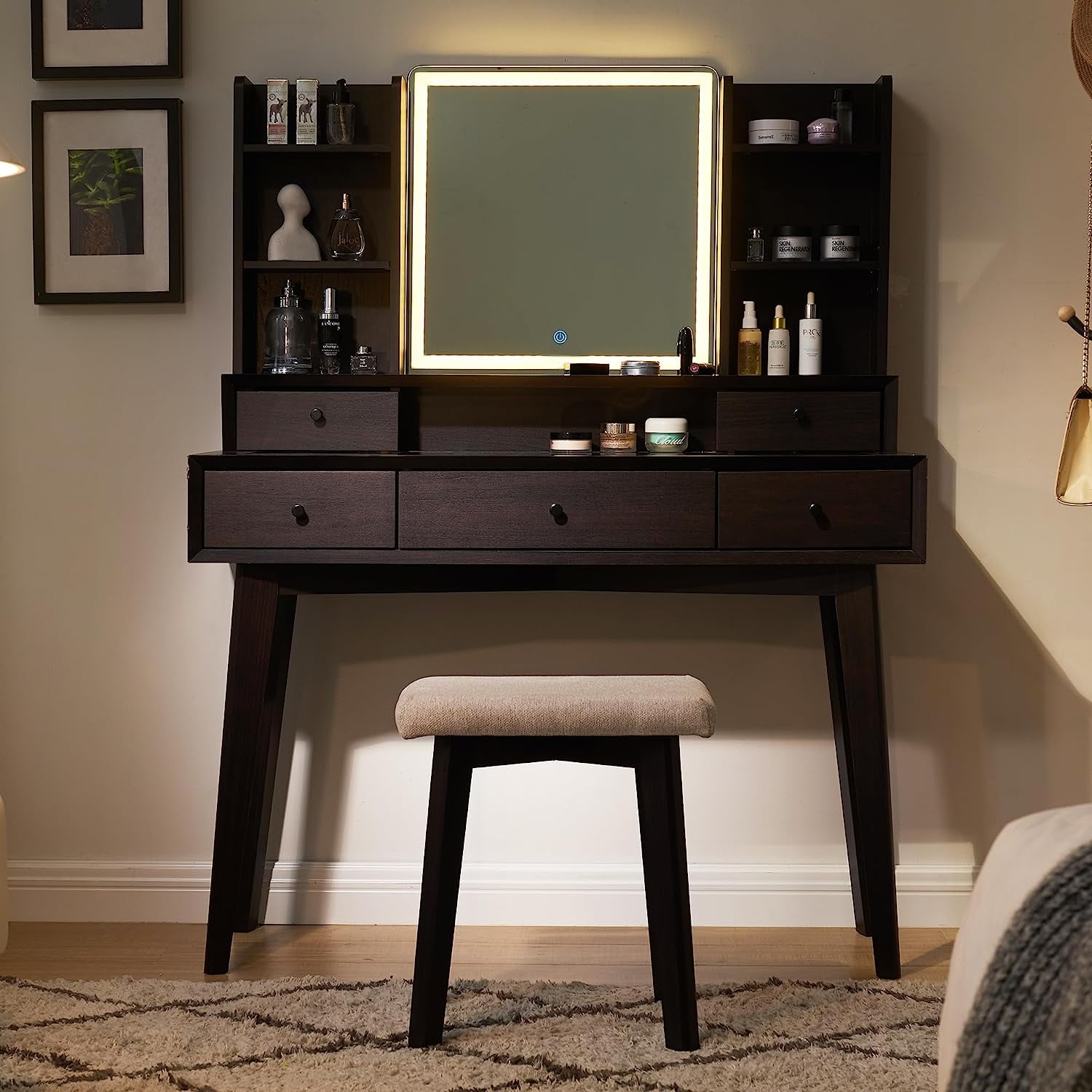 OKD Vanity Desk with Lighted Mirror, Makeup Vanity Table with 5 Drawers ...