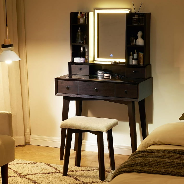 OKD Vanity Set with LED Lighted Mirror and Cushioned Stool Large Vanity Table Dressing Table Desk with Storage Shelves and 5 Drawers for Bedroom Espresso Walmart