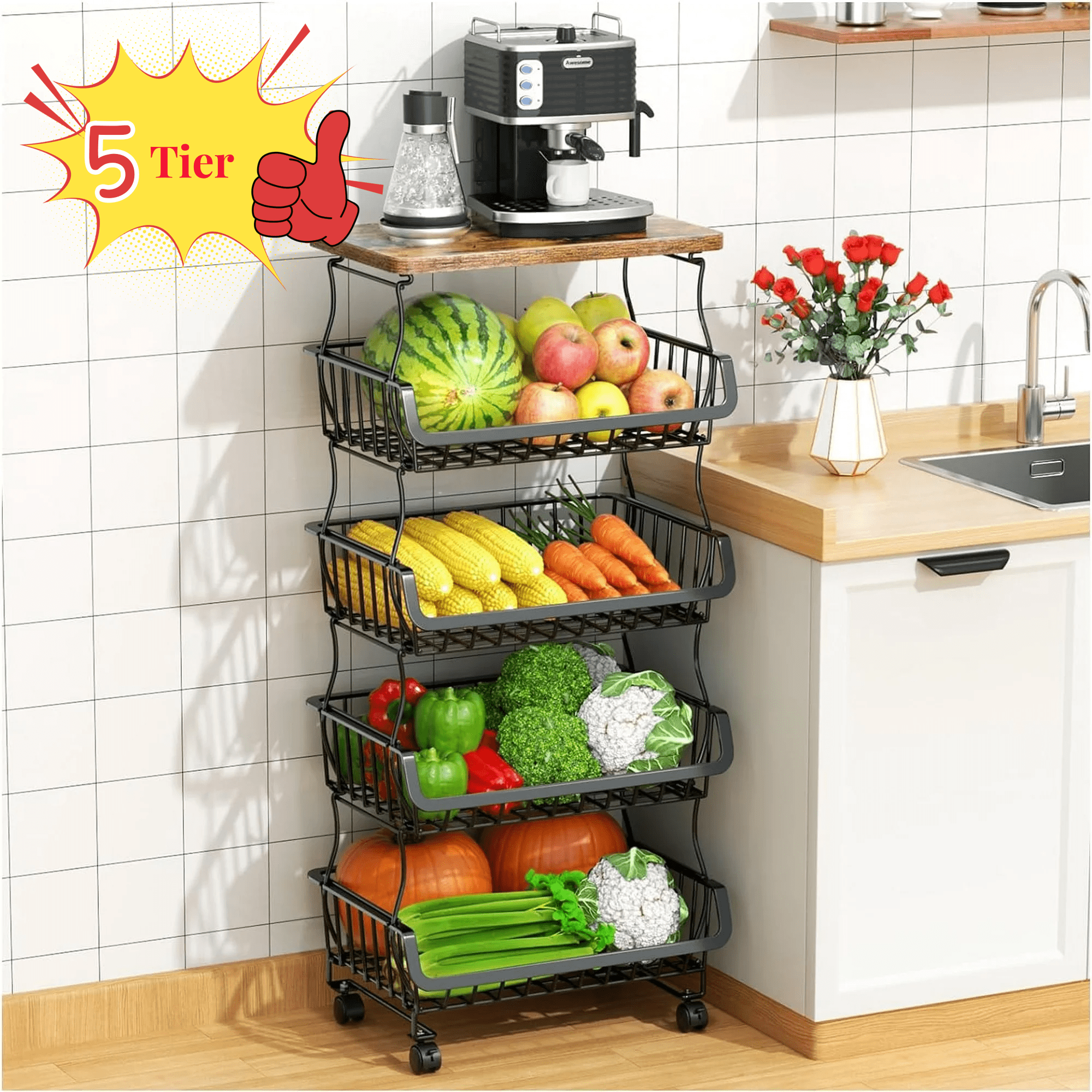 OKENTEN Fruit Vegetable Basket for Kitchen, 5 Tier Stackable Fruit ...