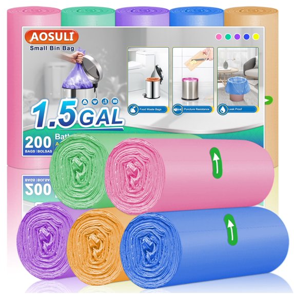 OKKEAI 1.5 Gallon Trash Bags, Unscented Small Wastebasket Liners, 200 ...