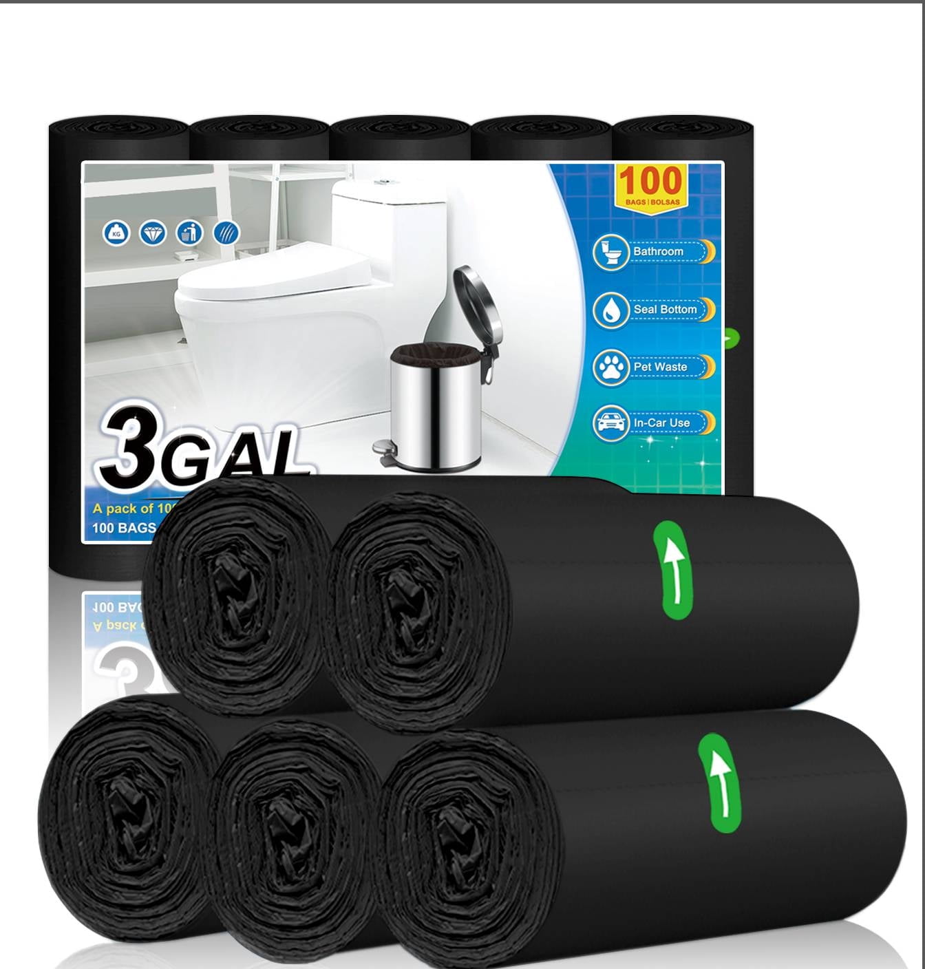 OKKEAI 3 Gallon/10 Liter Trash Bags,100 per pack ,for Bathroom, Office ...