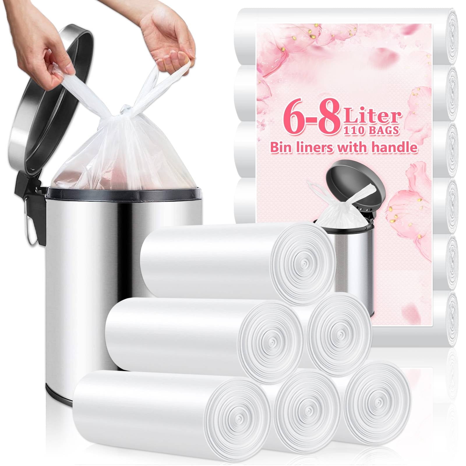 OKKEAI 6-8 Liter Small Trash Bags with Tie Handles, 110 Count, Clear ...