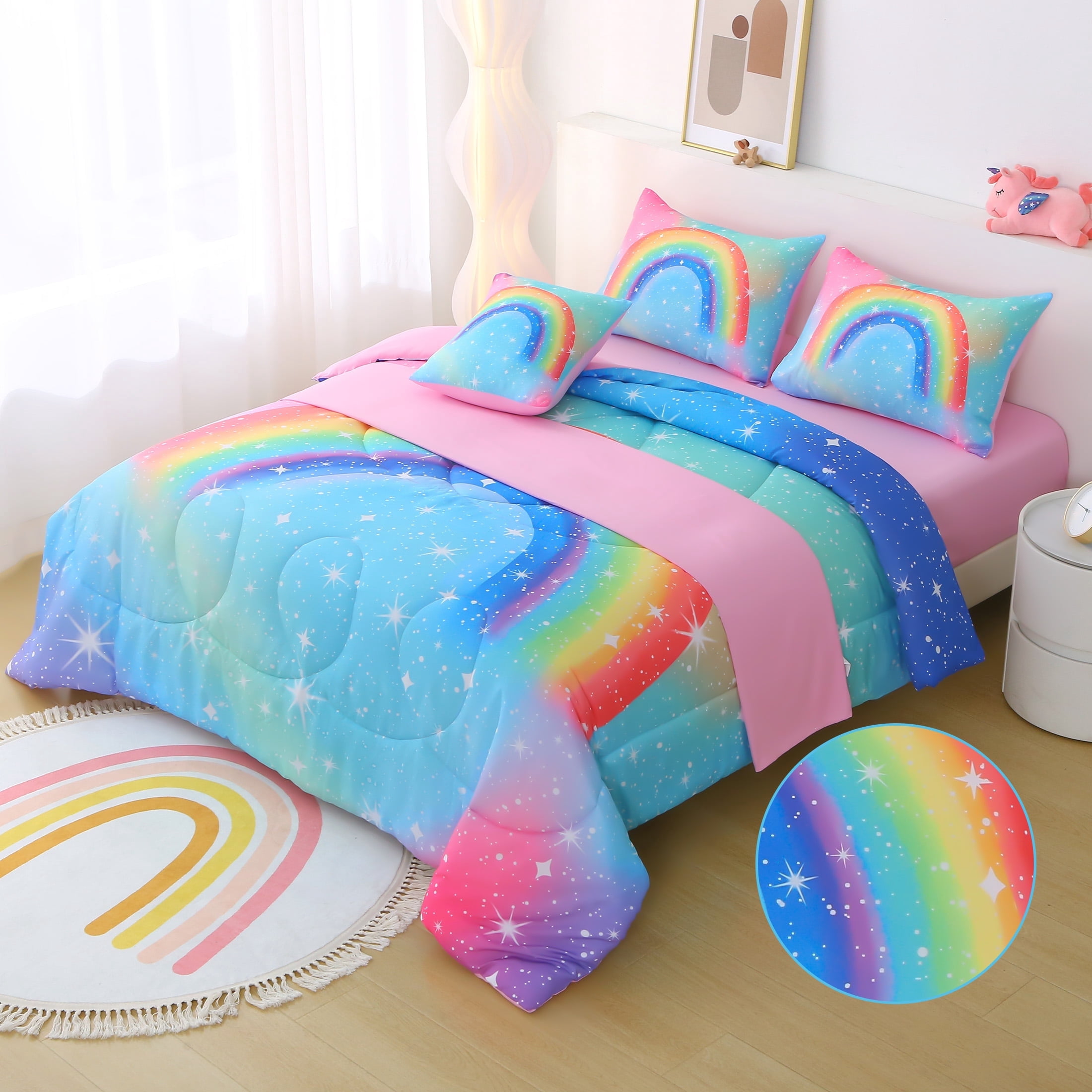 OKKEEY 6 Pcs Girls Kids Comforter Set Queen Size, Pink Blue Gradient ...
