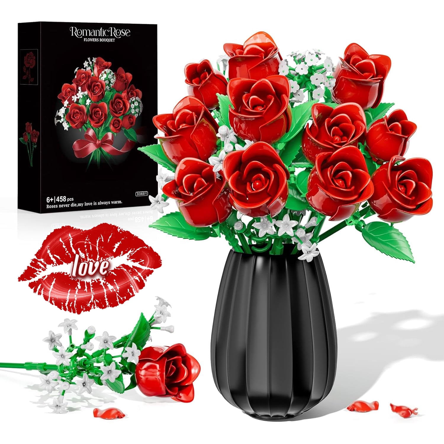 OKKIDY Red Rose Flowers Bouquet Building Kit Compatible with LEGO, 456 ...