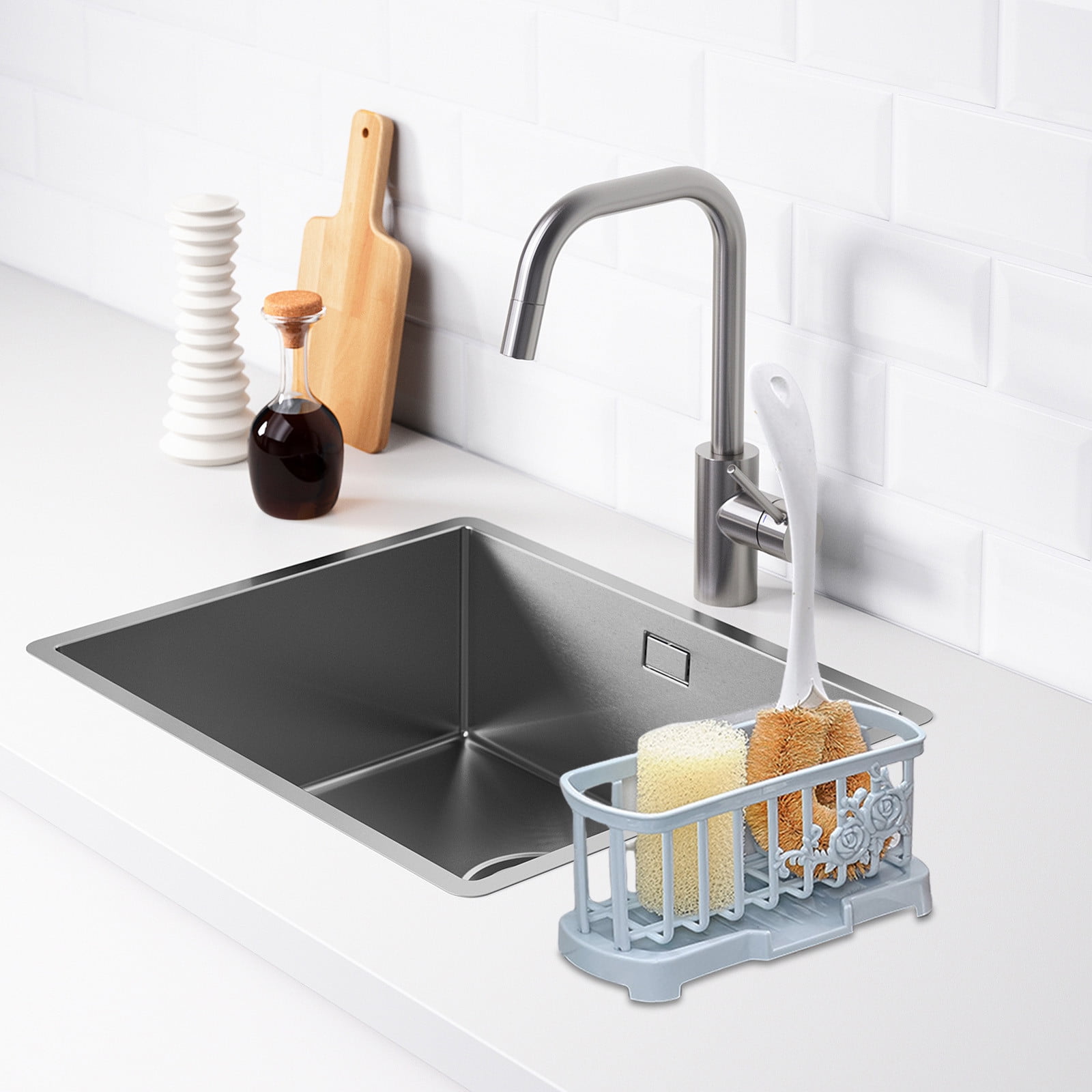 OKKVV Compact Kitchen Sink Sponge Stand Rack, Multi-Functional Drainage ...
