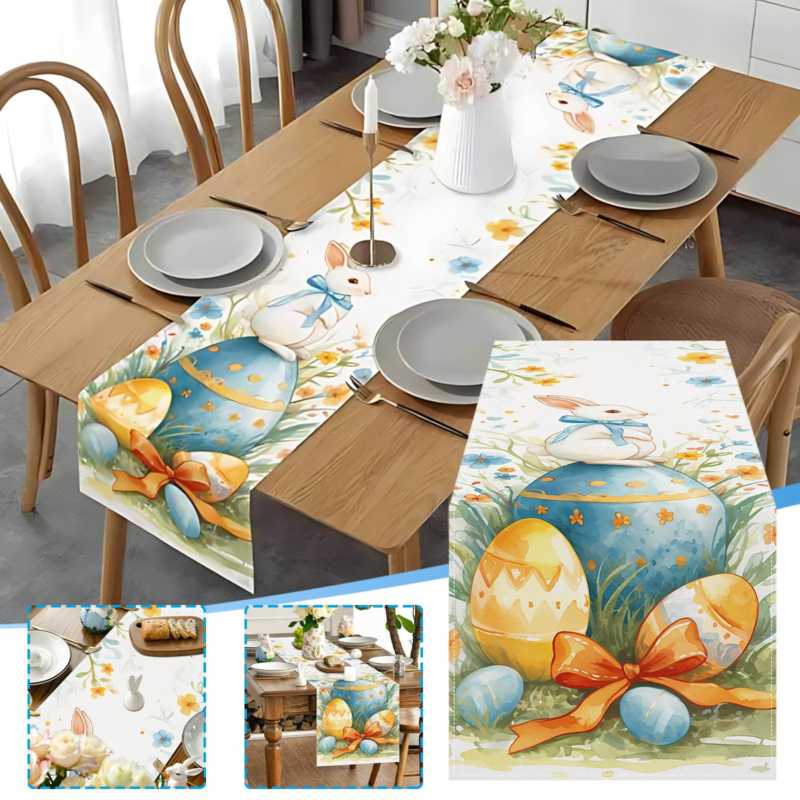 OKKVV Easter Egg Table Runner, Spring Bunny Egg Flowers Bows Tablecloths Decor Home Party ...