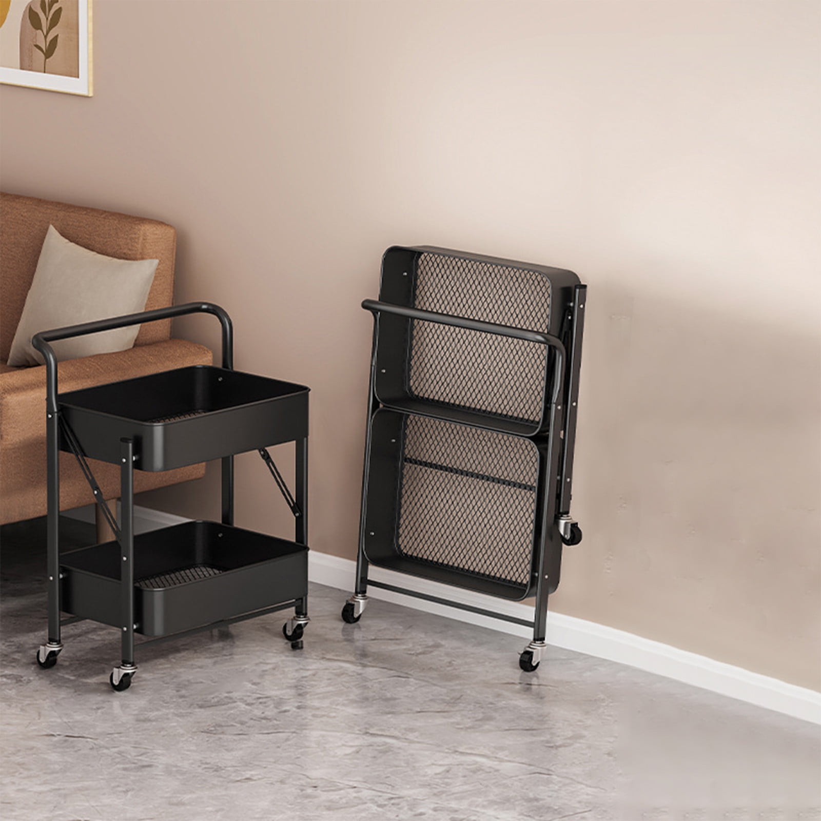 OKKVV Folding Trolley Cart with Wheels - 2 Layer Alloy Kitchen Storage ...