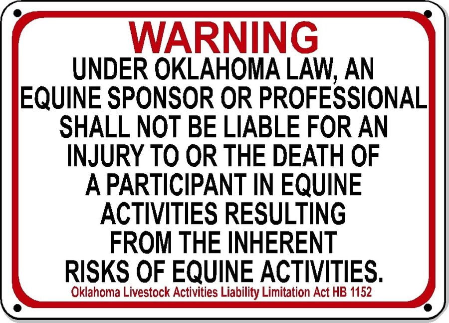 OKLAHOMA Equine Metal Aluminum Sign activity liability warning statute ...
