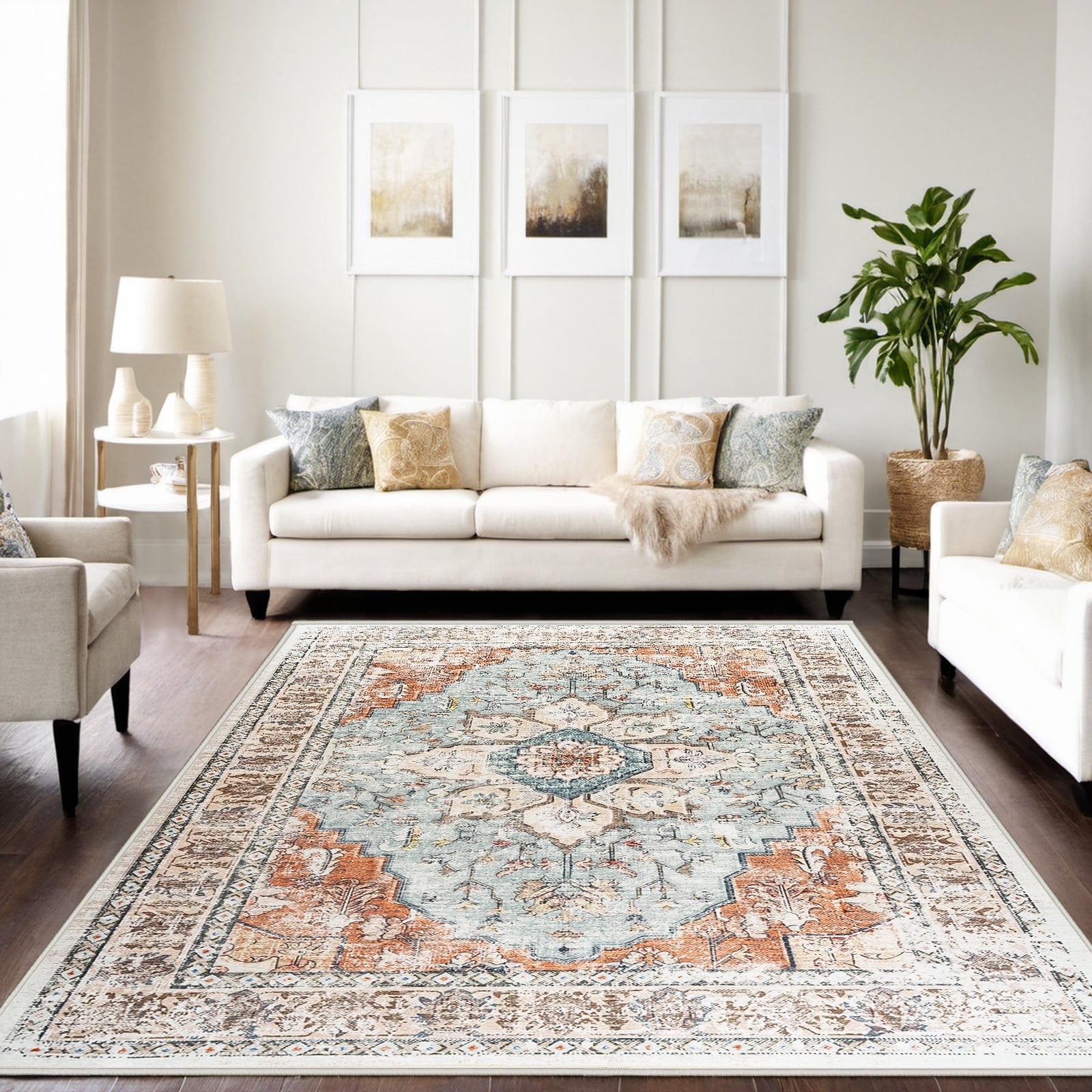 OKO-TEX Washable Vintage Distressed Rug for Living Room Kitchen Dining ...