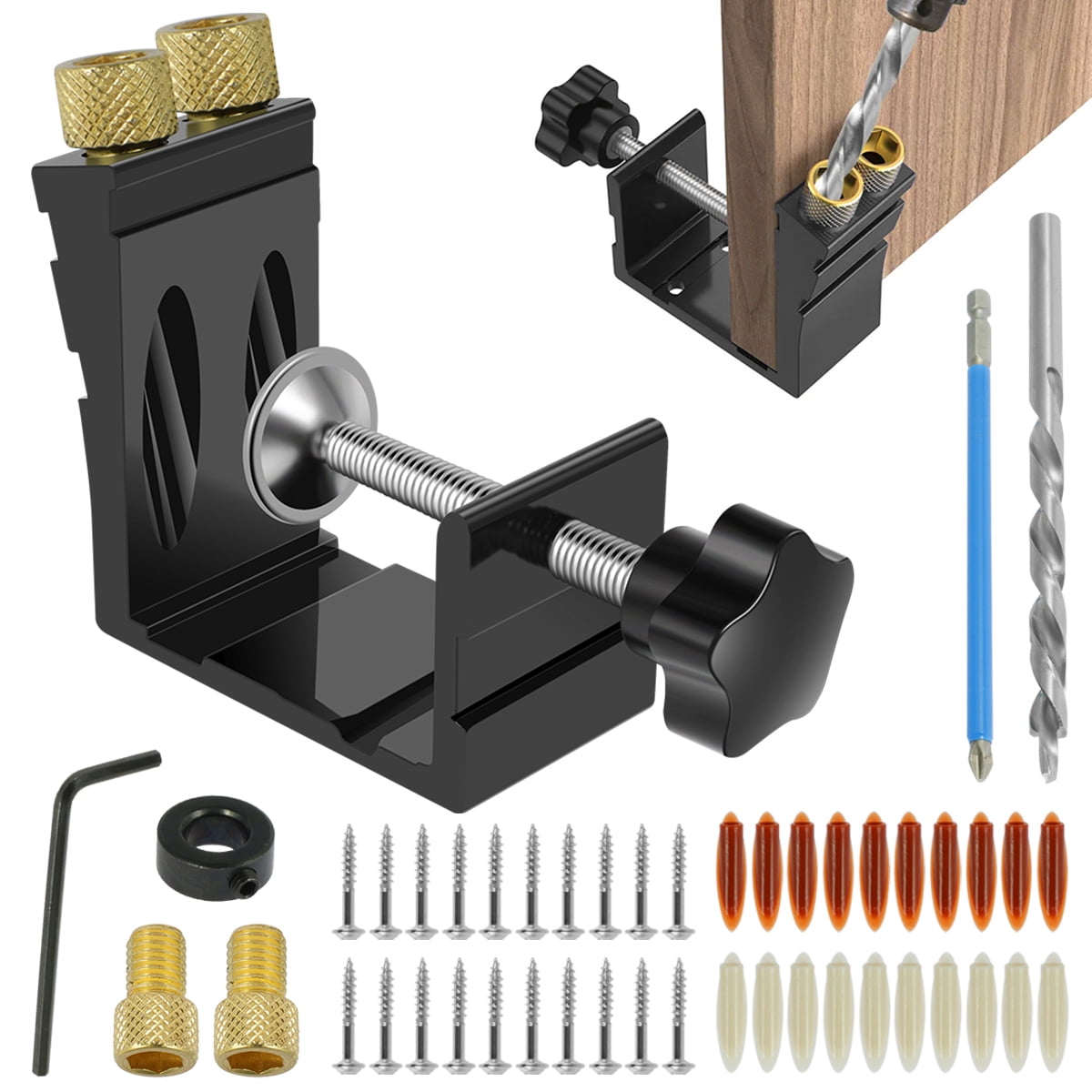 OKYMOTOR Pocket Hole Jig Kit, 47PCS Dowel Drill Joinery Screw Kit, 15 ...