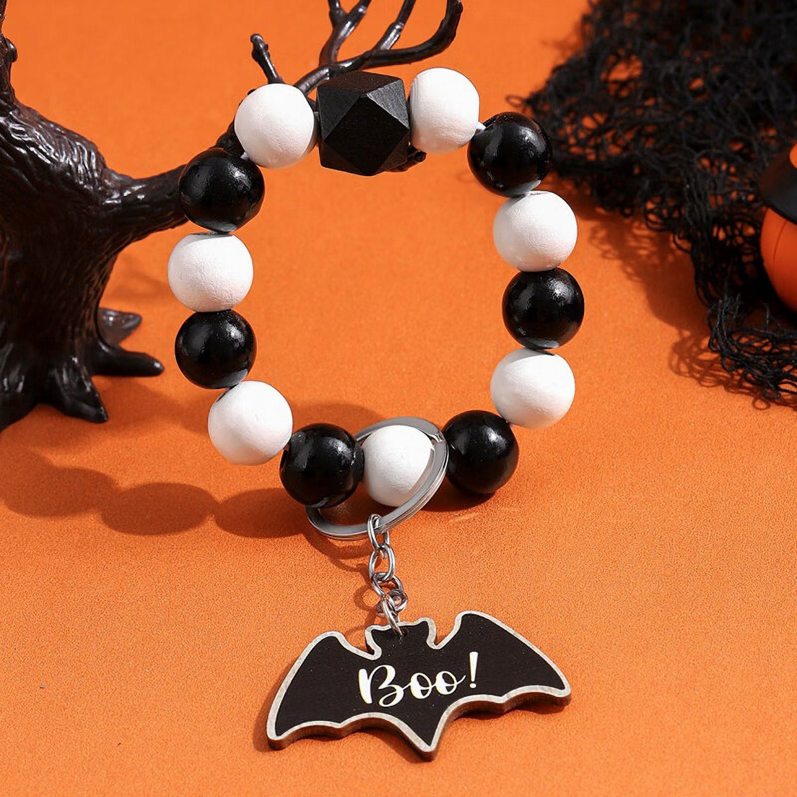 OKYPET New Halloween Wooden Ghost Pumpkin Spider Bracelet Keychain ...