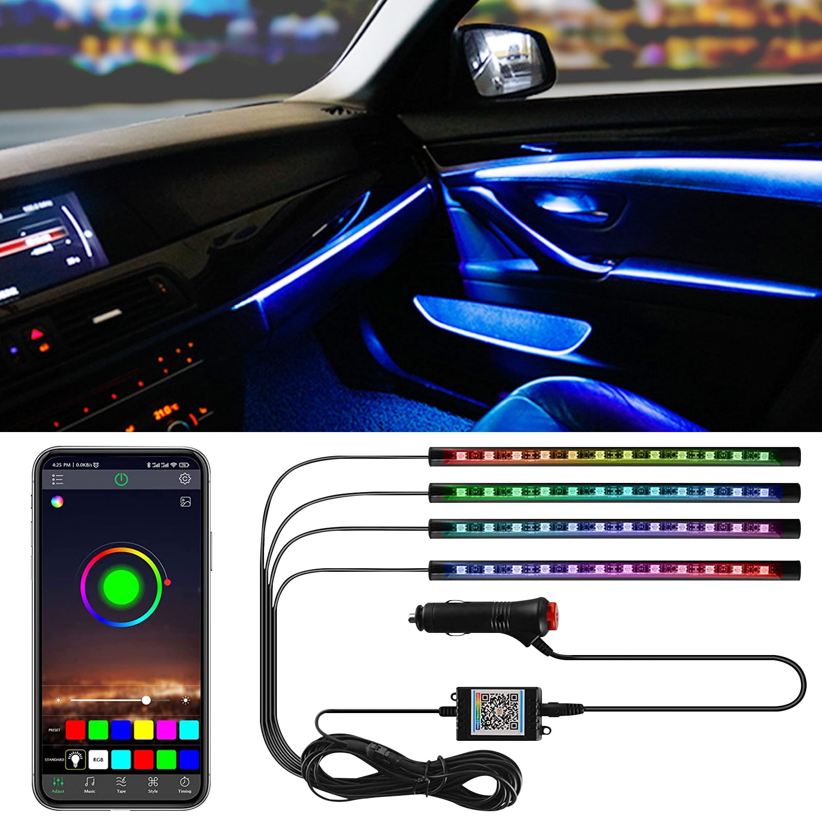 OKbus Interior Car Lights, 4 Pcs 48 LED Multi-Color Music Car Lights ...