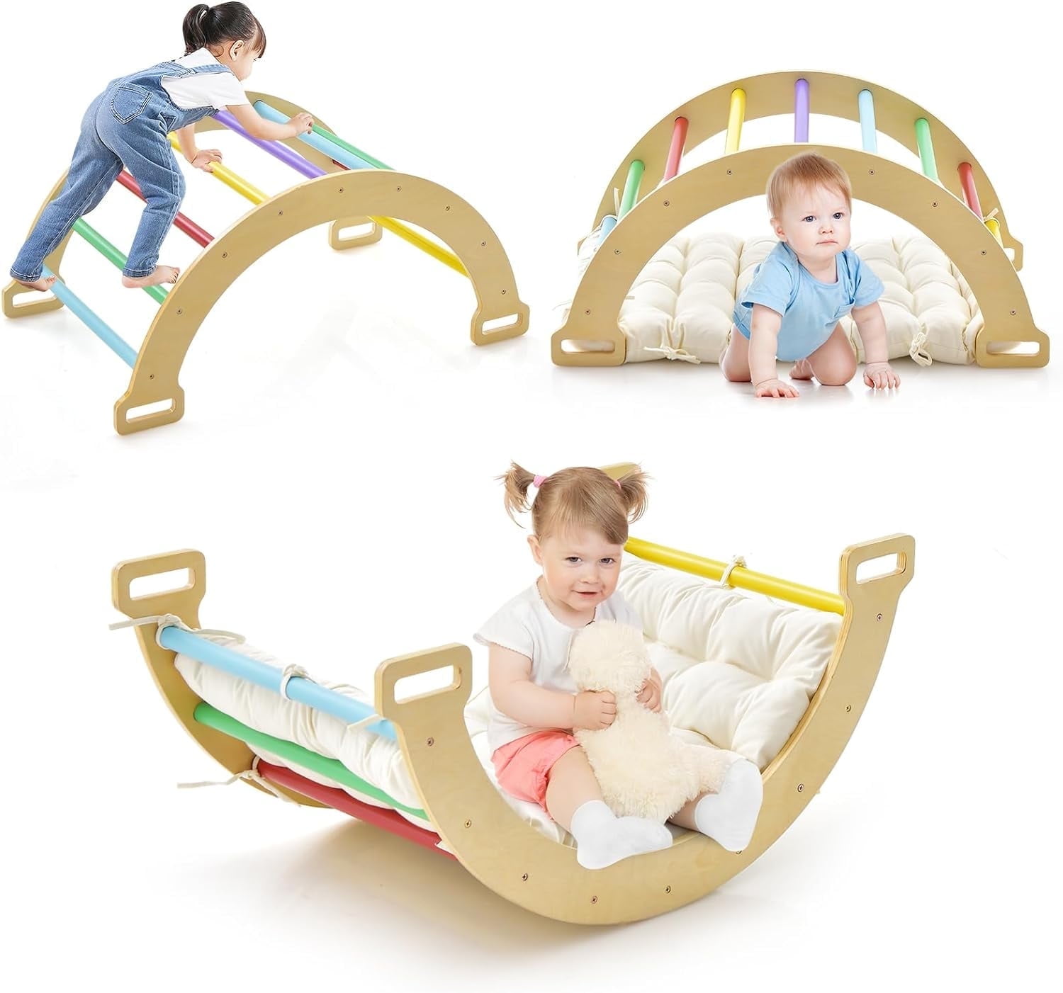 Olakids 4 in 1 Wooden Arch Climber, Toddler Ladder, Rocker and Tunnel ...