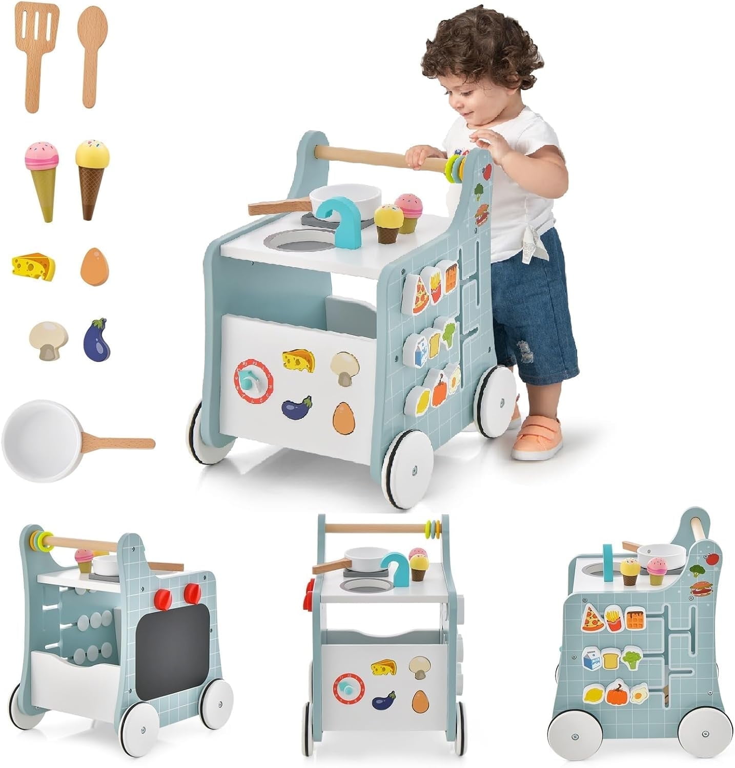 OLAKIDS 6 in 1 Baby Push Walker, Push Play Kitchen Playset, Toddler ...