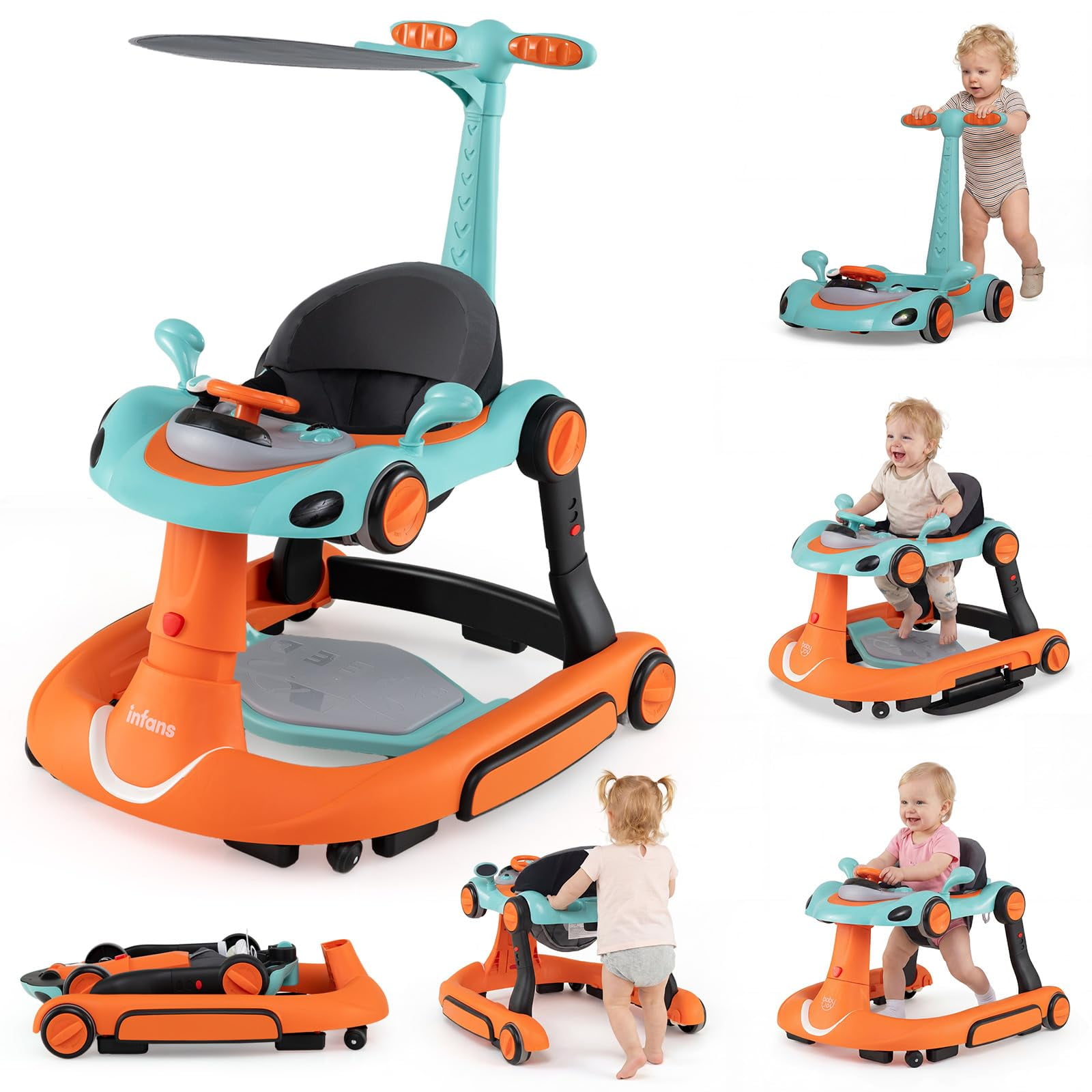 OLAKIDS 6-in-1 Baby Walker, Converts Push Car to Bouncer, Rocker with ...