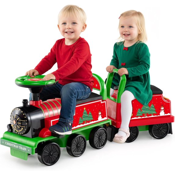 OLAKIDS 6V 2-Seater Ride on Train with Carriage, Storage, Train Whistle ...